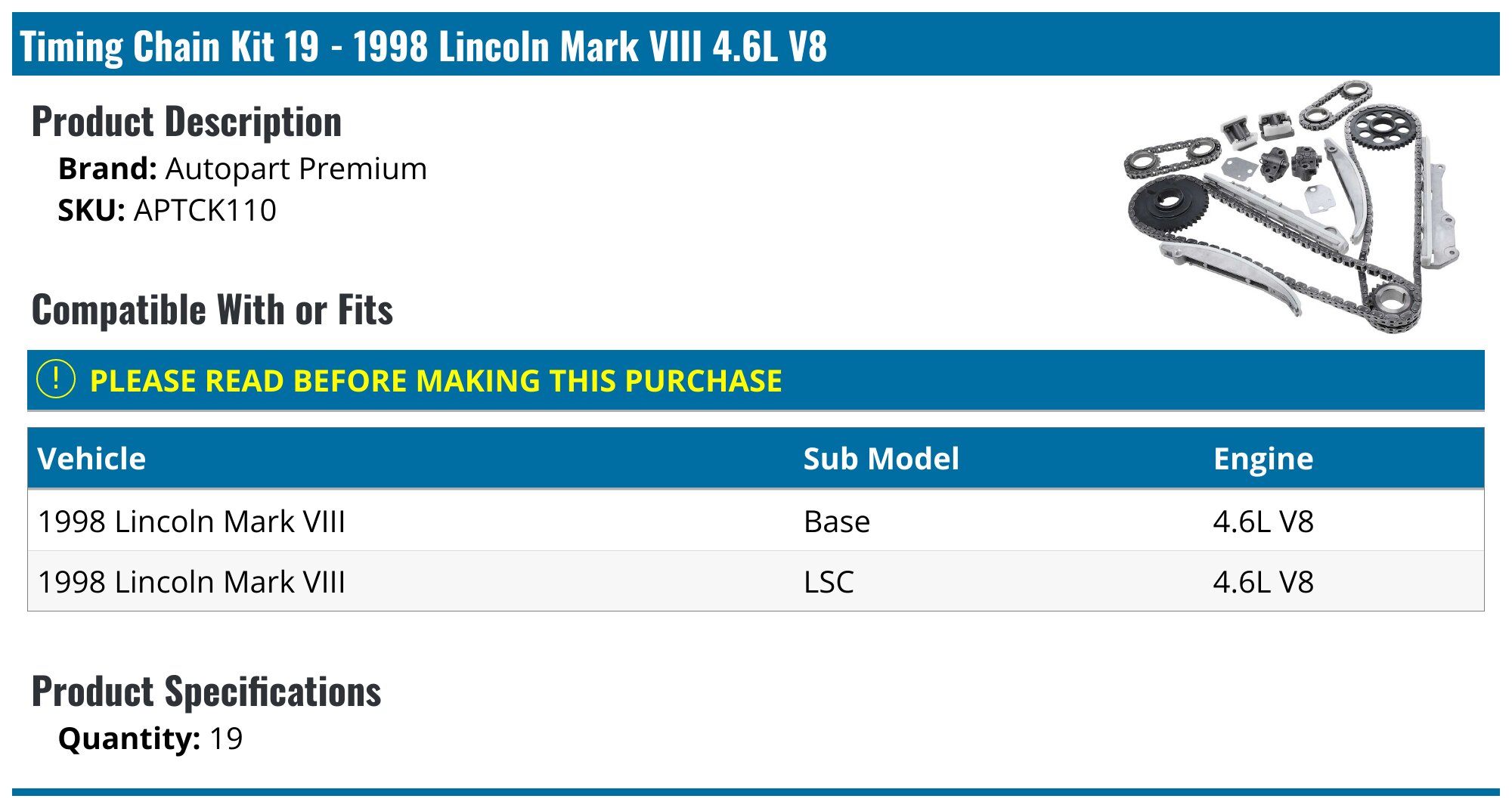 1998 Lincoln Mark VIII Timing Chain - Autopart Premium APTCK110 ...