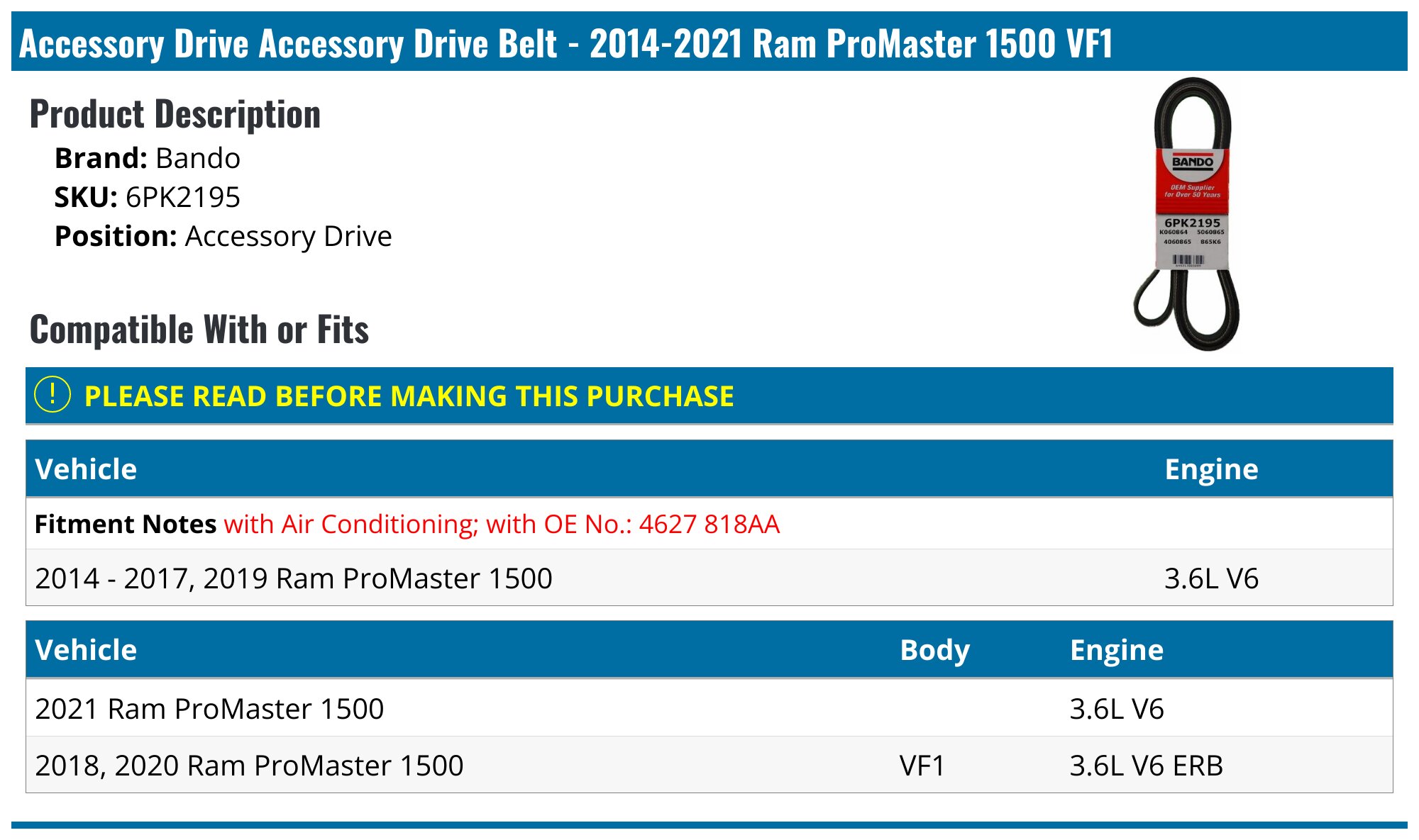 2014-2021 Ram ProMaster 1500 Accessory Drive Belt - Bando 6PK2195 ...