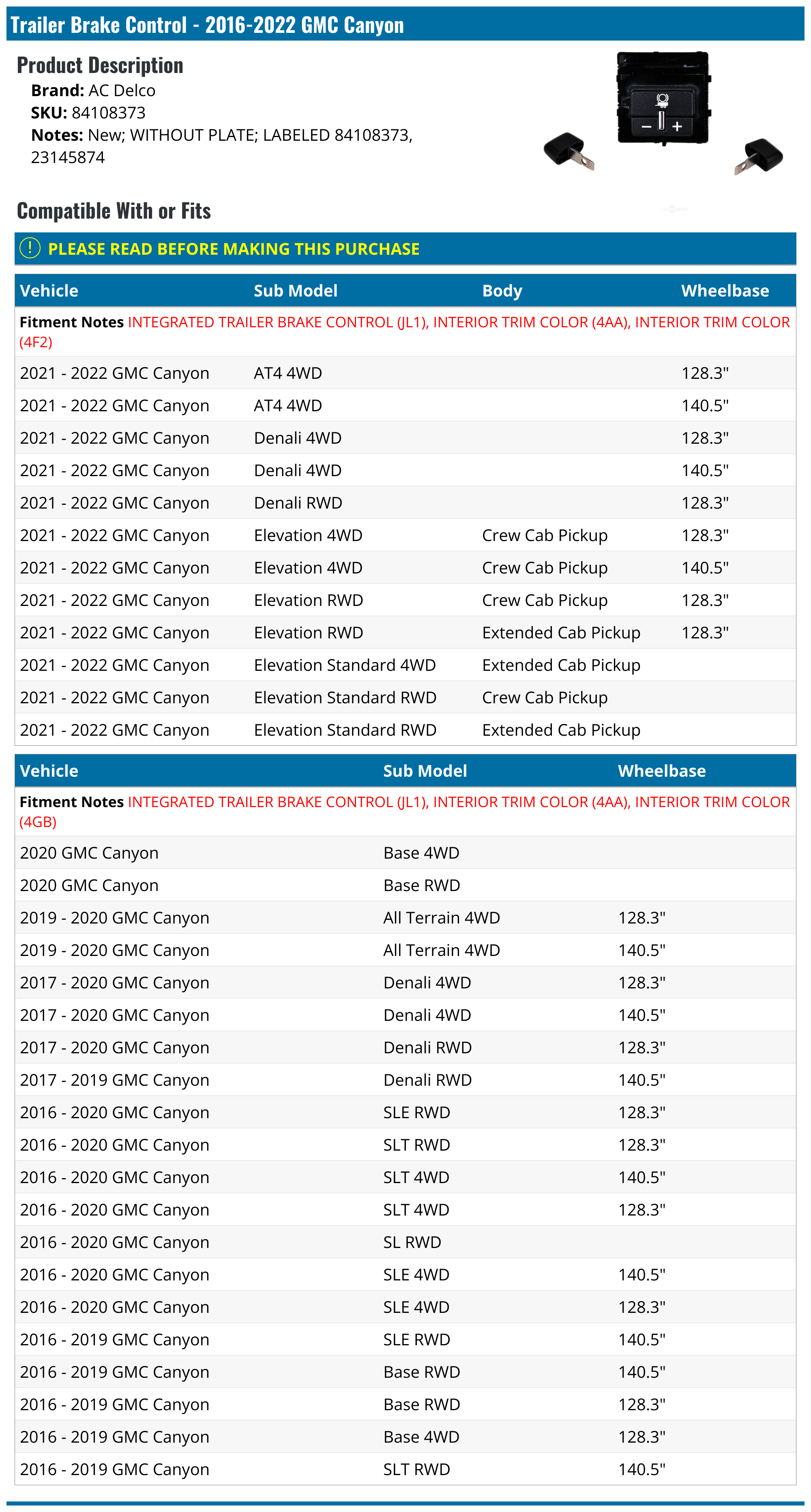 2016-2022 GMC Canyon Trailer Brake Control - AC Delco 84108373 ...