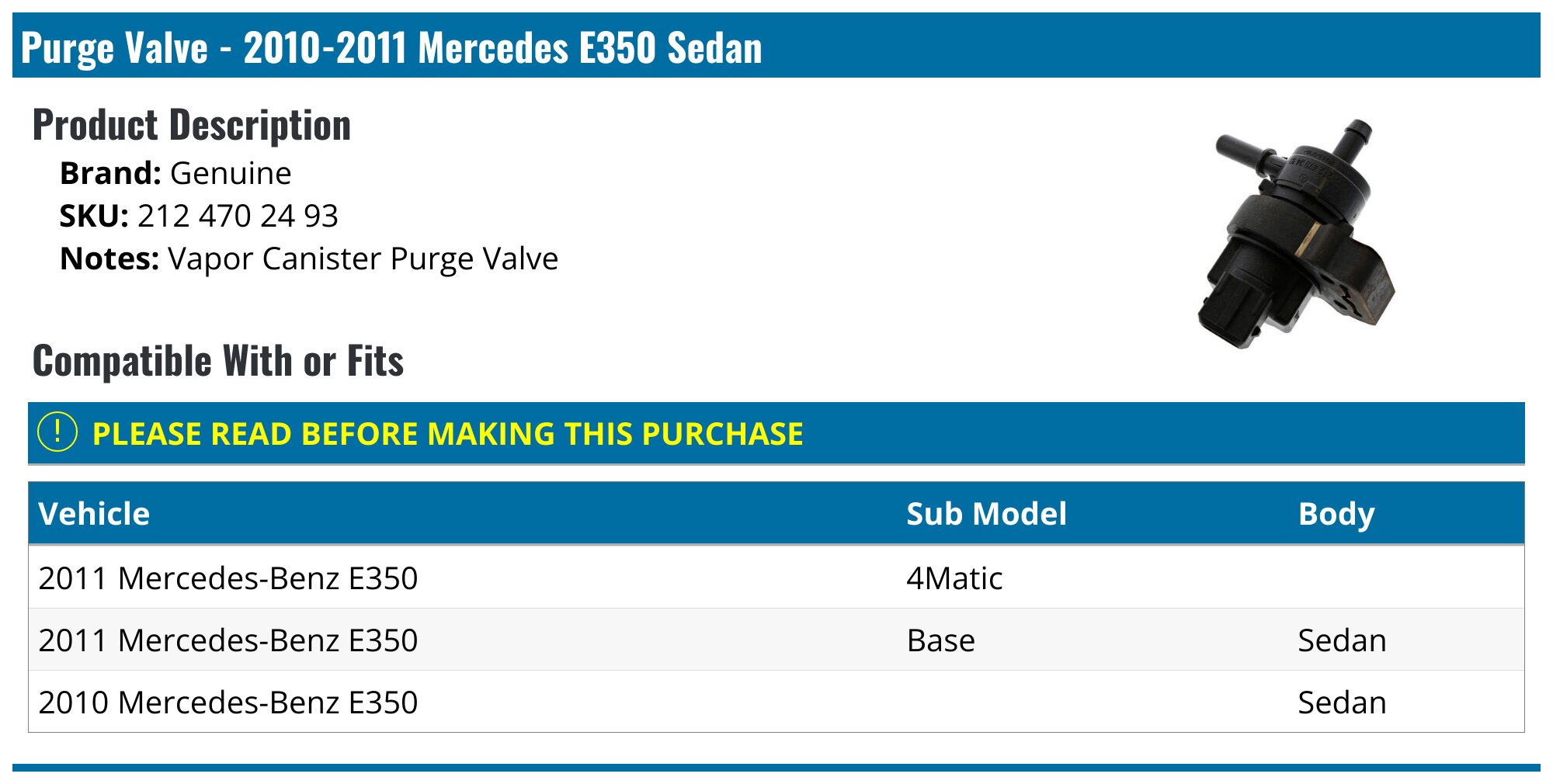 2010-2011 Mercedes E350 Purge Valve - Genuine 212 470 24 93 ...