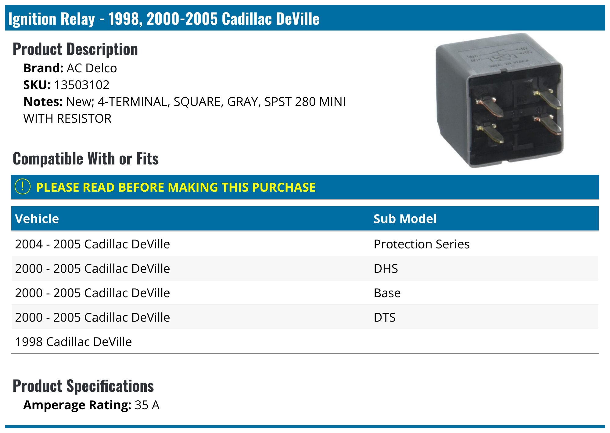 1998, 2000-2005 Cadillac DeVille Ignition Relay - AC Delco 13503102 ...