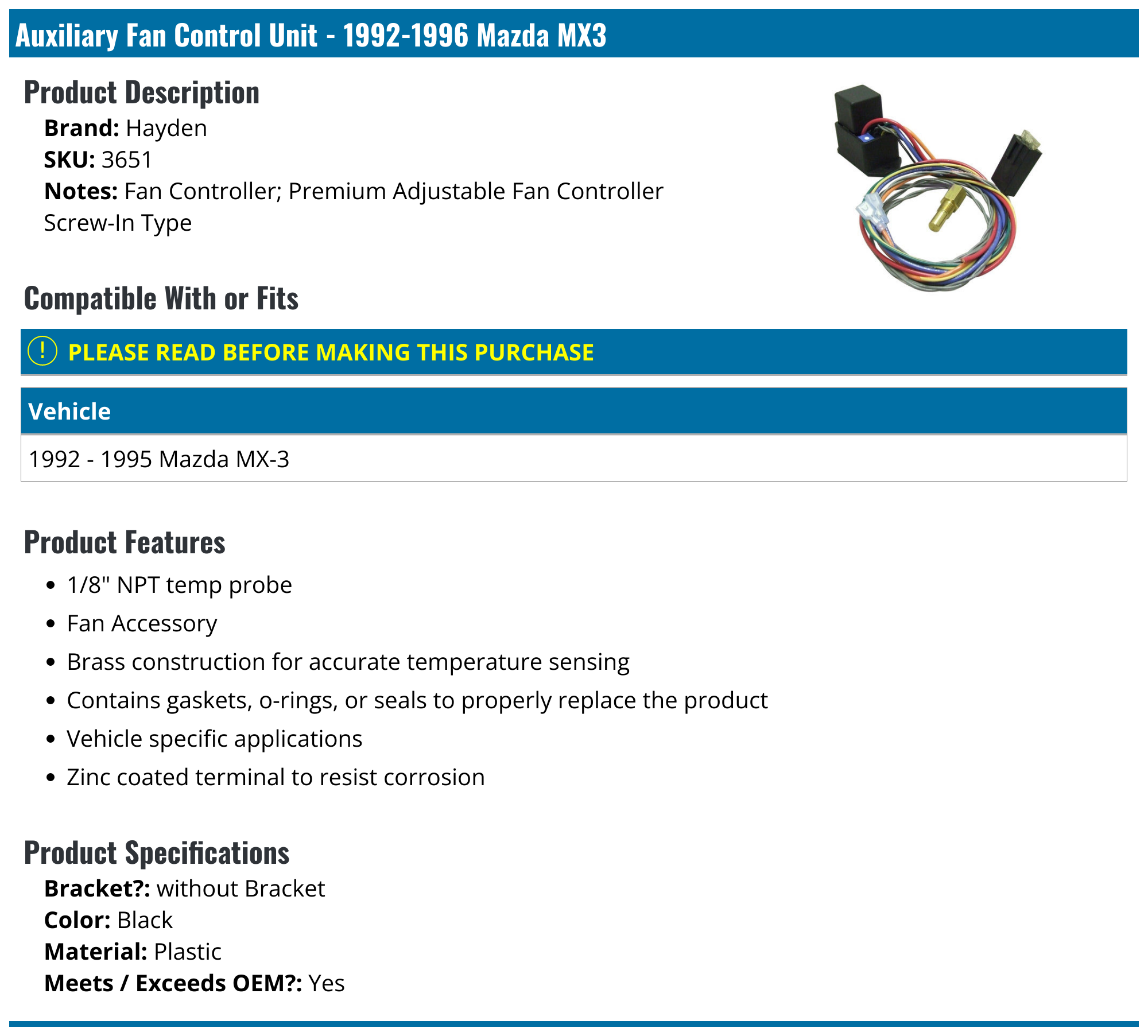 1992-1996 Mazda MX3 Auxiliary Fan Control Unit - Hayden 3651 ...