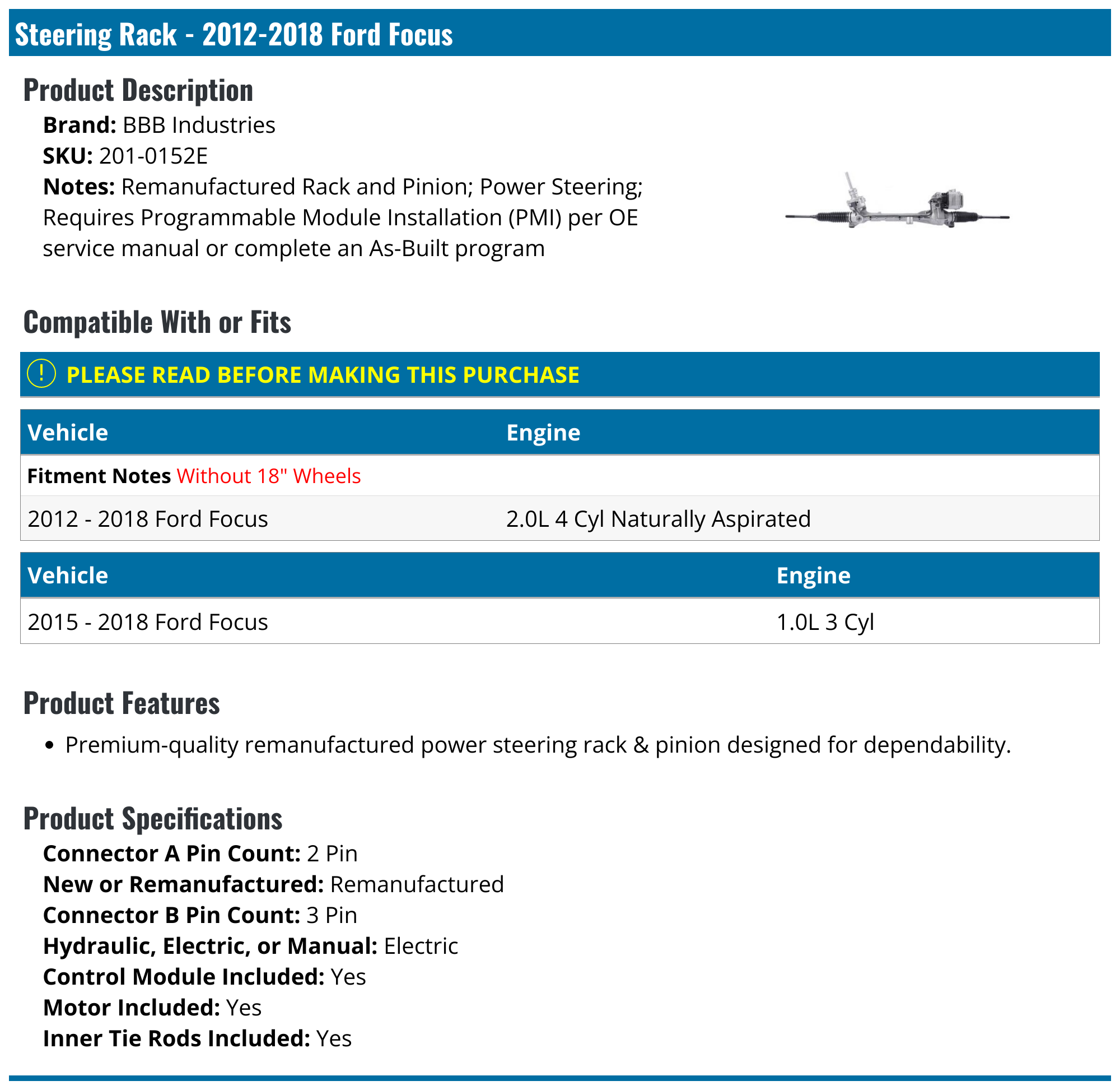2012-2018 Ford Focus Steering Rack - BBB Industries 201-0152E ...