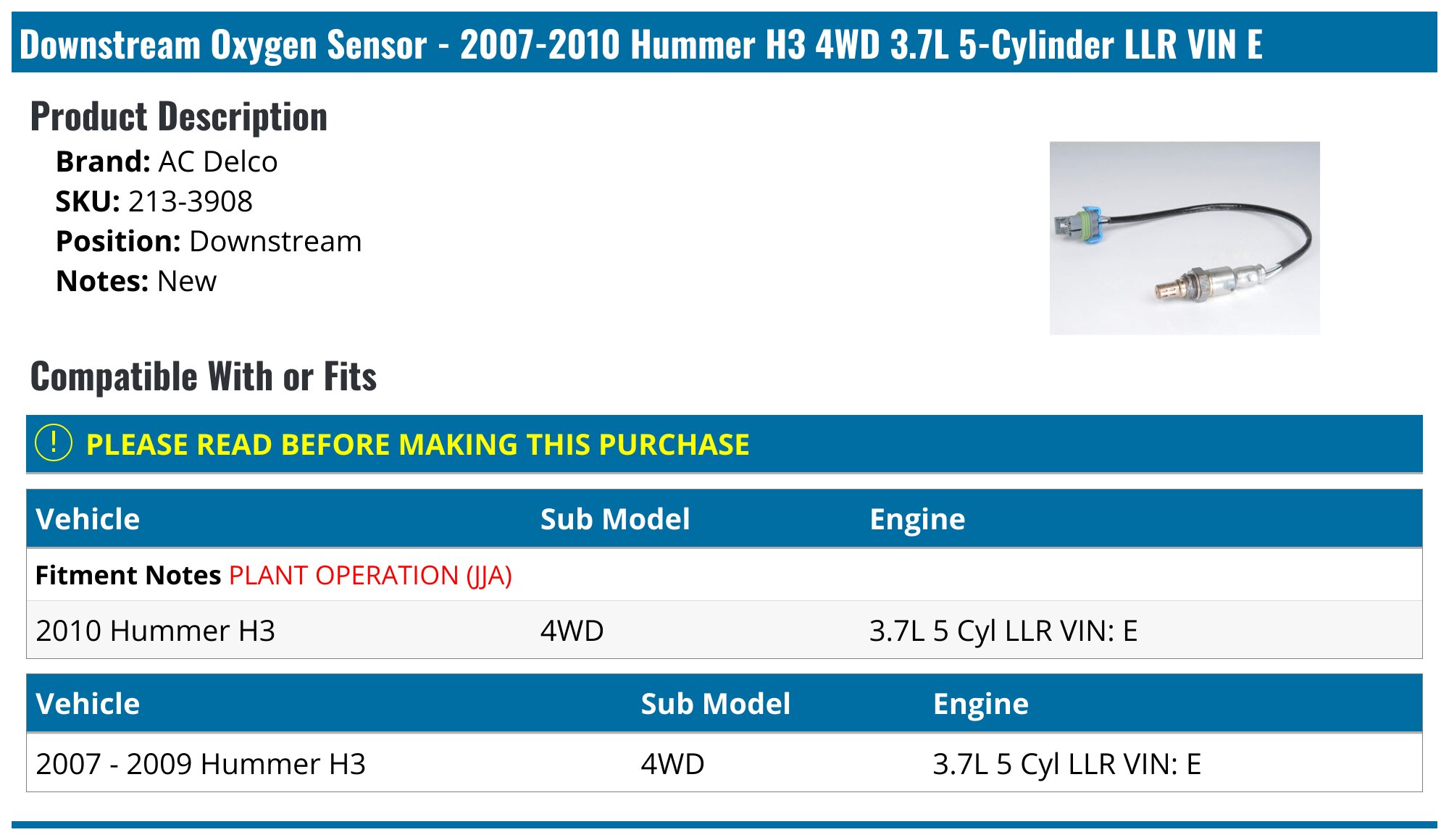 2007-2010 Hummer H3 Oxygen Sensor - AC Delco 213-3908 - Downstream ...
