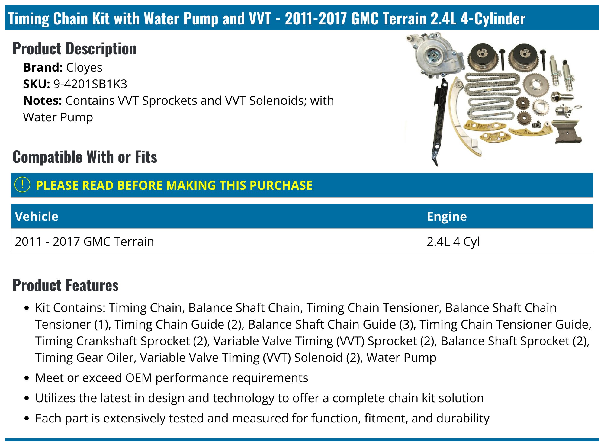 2011-2017 GMC Terrain Timing Chain - Cloyes 9-4201SB1K3 - PartsGeek.com