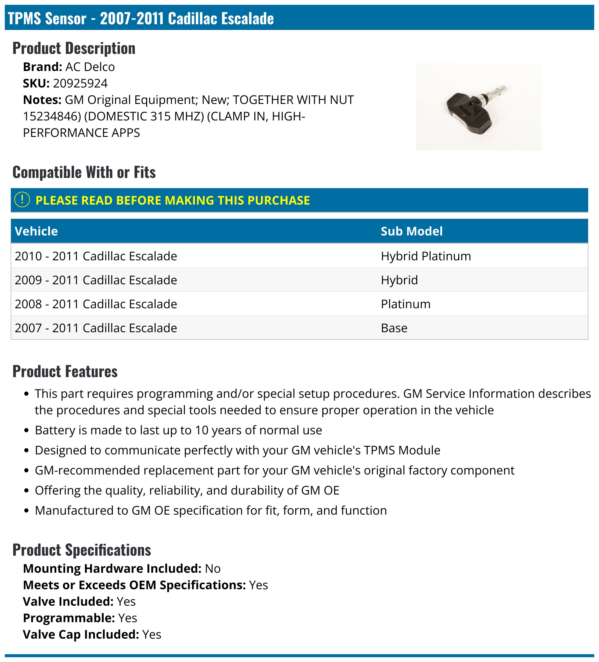 2007-2011 Cadillac Escalade Tire Pressure Monitoring Sensor - AC Delco ...