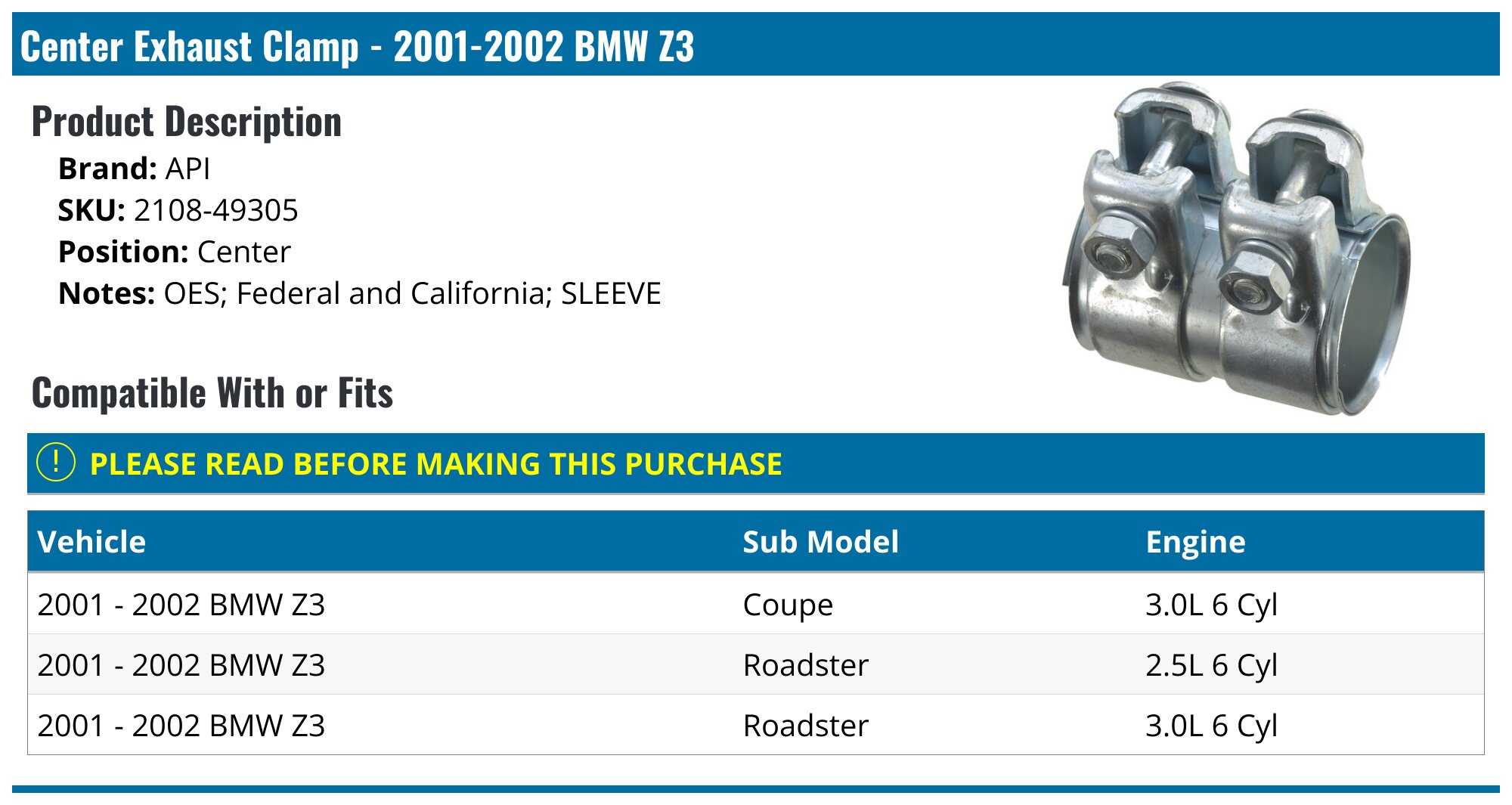 2001-2002 BMW Z3 Exhaust Clamp - API 1194-07660162 - Center - PartsGeek.com