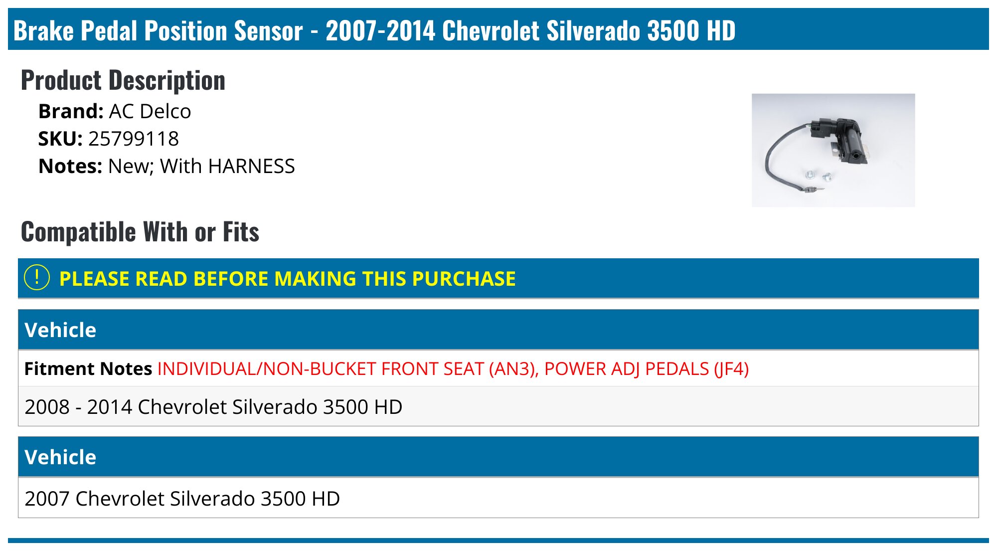 2007-2014 Chevrolet Silverado 3500 HD Brake Pedal Position Sensor - AC ...