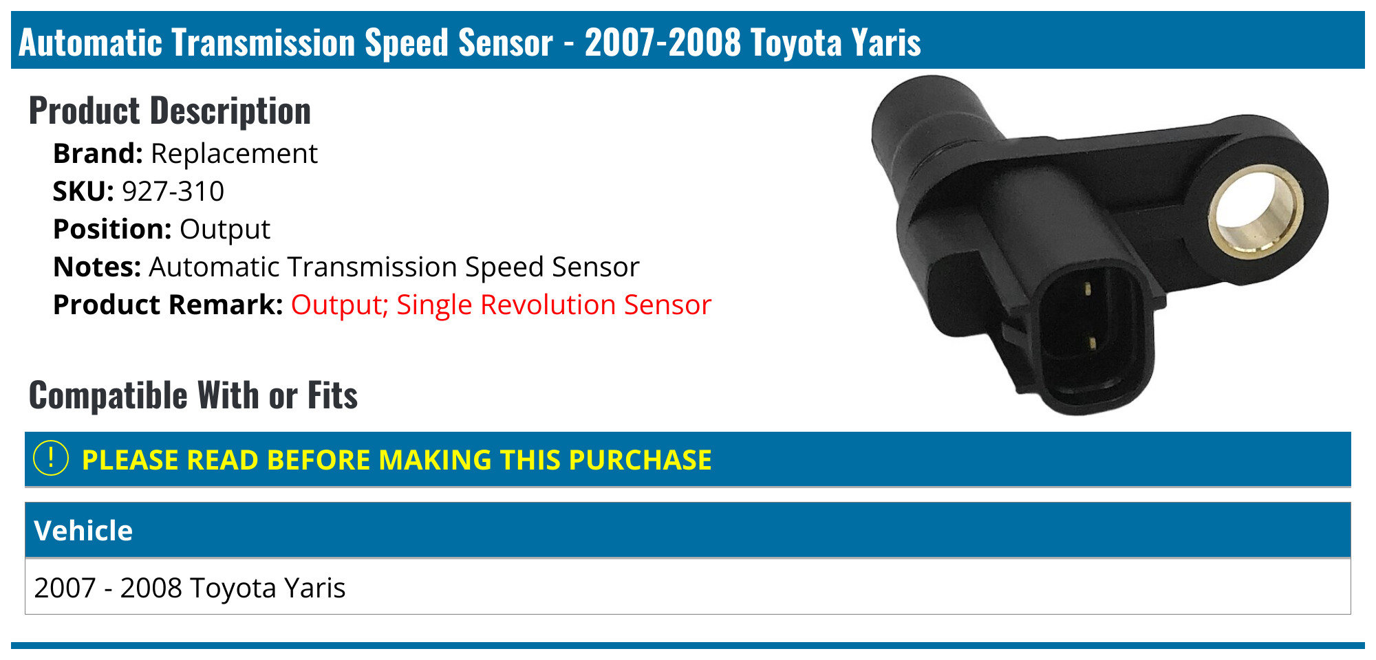 2007-2008 Toyota Yaris Automatic Transmission Speed Sensor ...