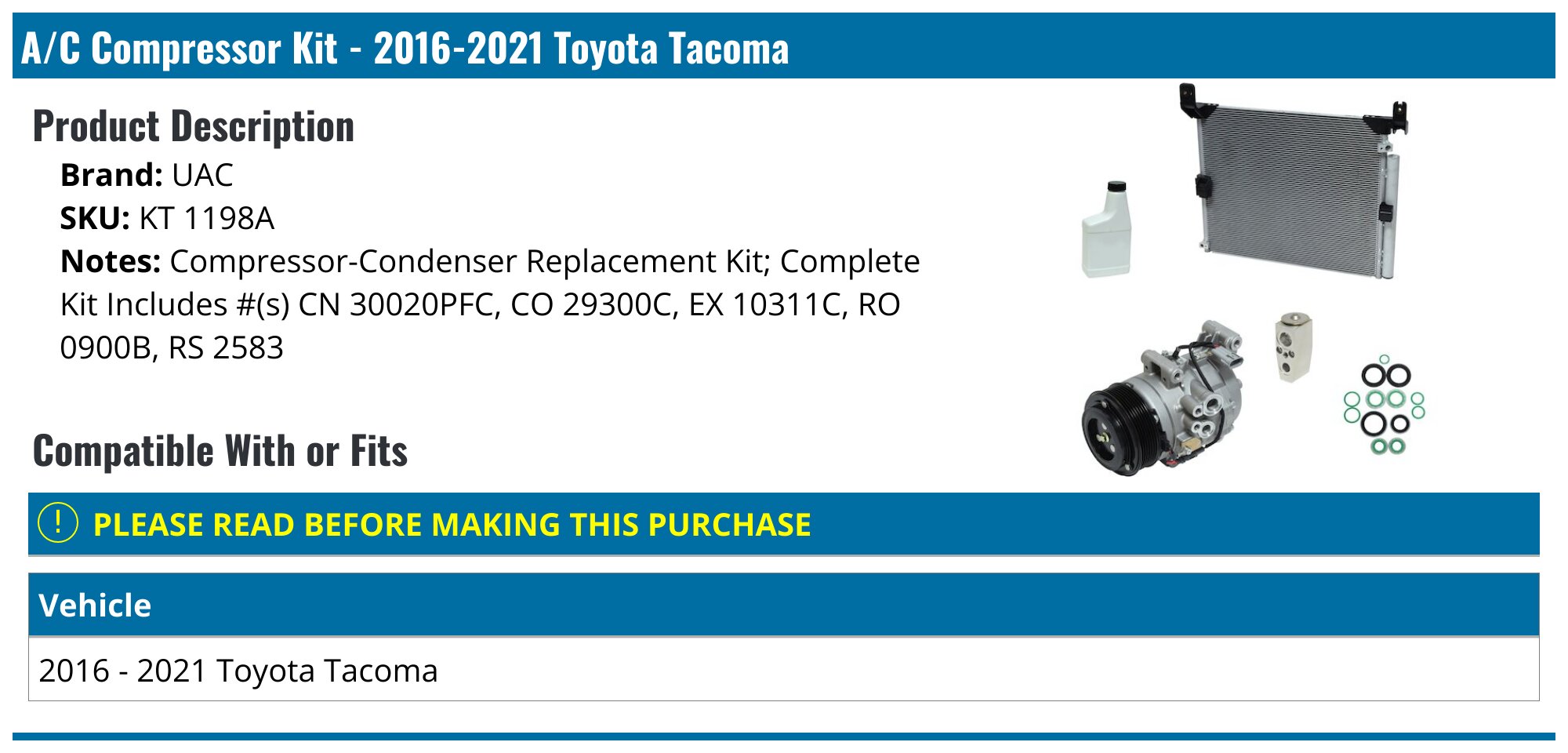 2016-2021 Toyota Tacoma A/C Compressor - UAC KT 1198A - PartsGeek.com