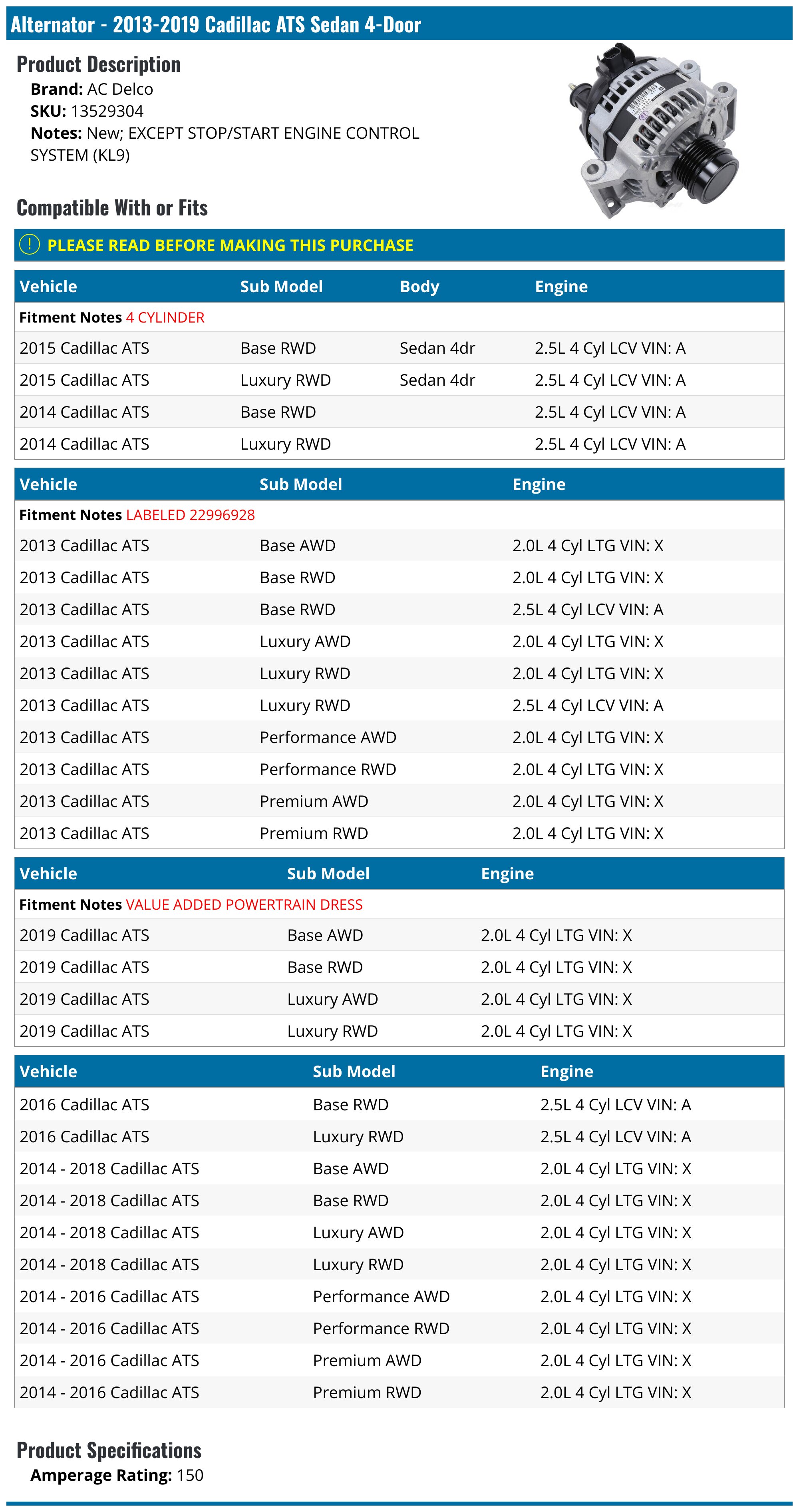 2013-2019 Cadillac ATS Alternator - AC Delco 13529304 - PartsGeek.com