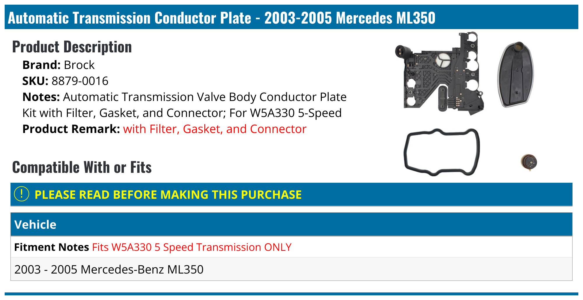 2003-2005 Mercedes ML350 Automatic Transmission Conductor Plate - Brock ...