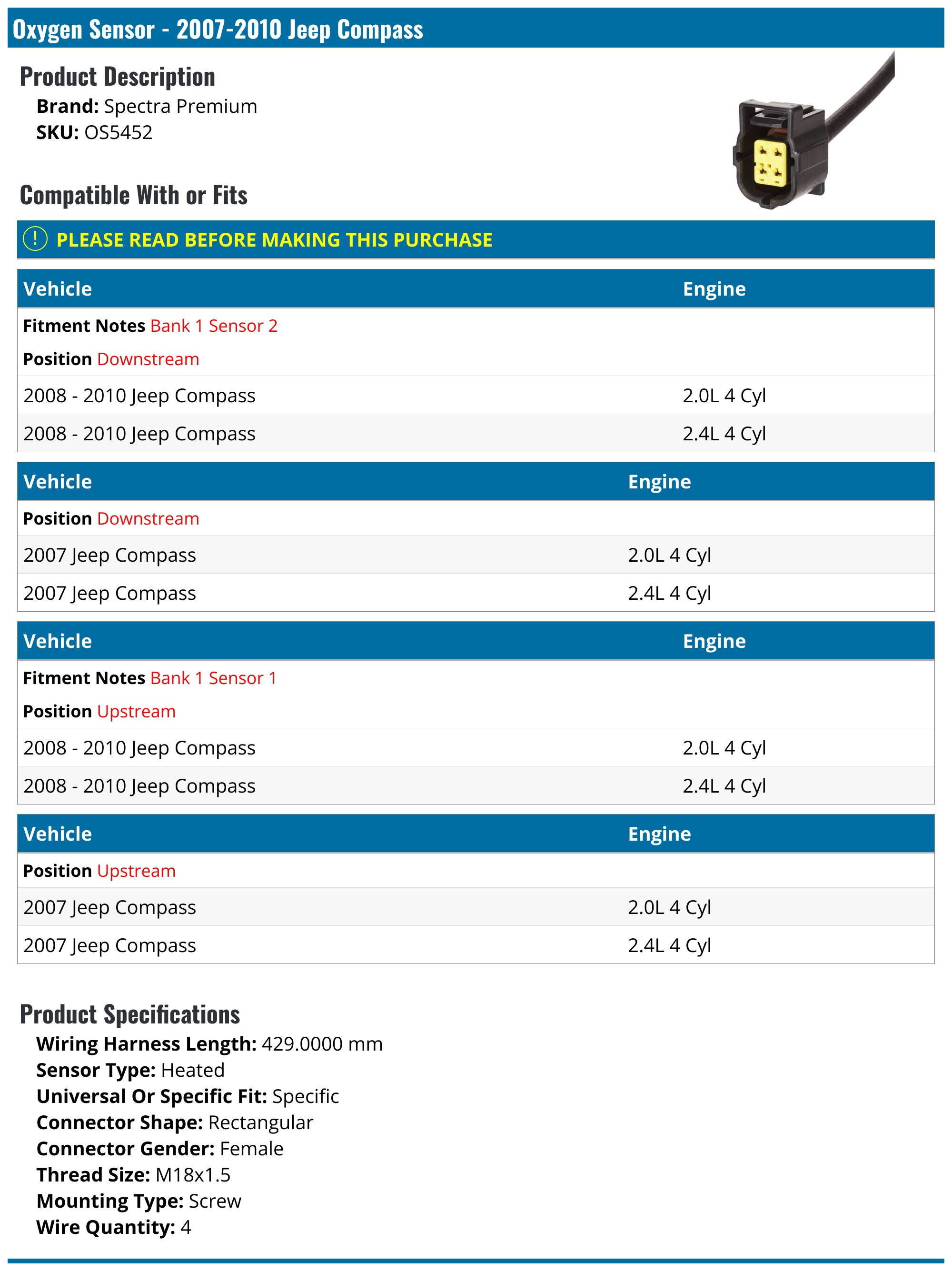 2007-2010 Jeep Compass Oxygen Sensor - Spectra Premium OS5452 ...