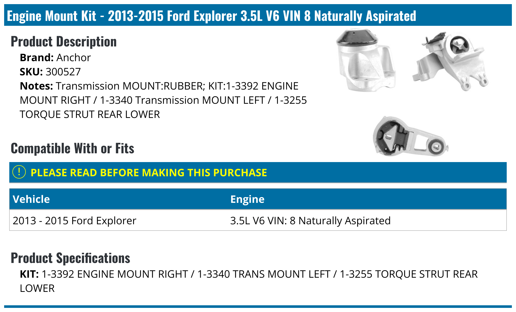 2013-2015 Ford Explorer Engine Mount - Anchor 300527 - PartsGeek.com