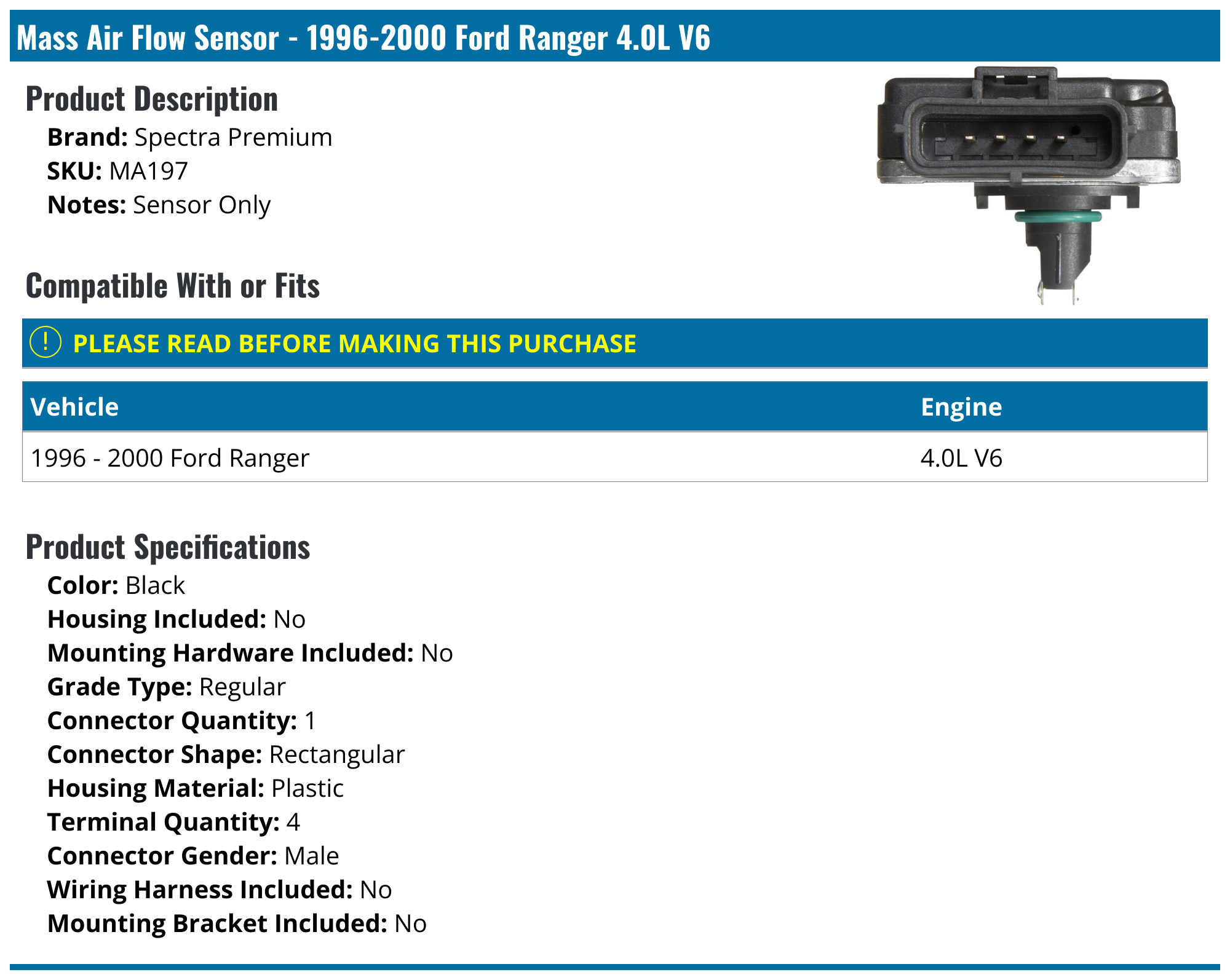 1996-2000 Ford Ranger Air Mass Sensor - Spectra Premium MA197 ...