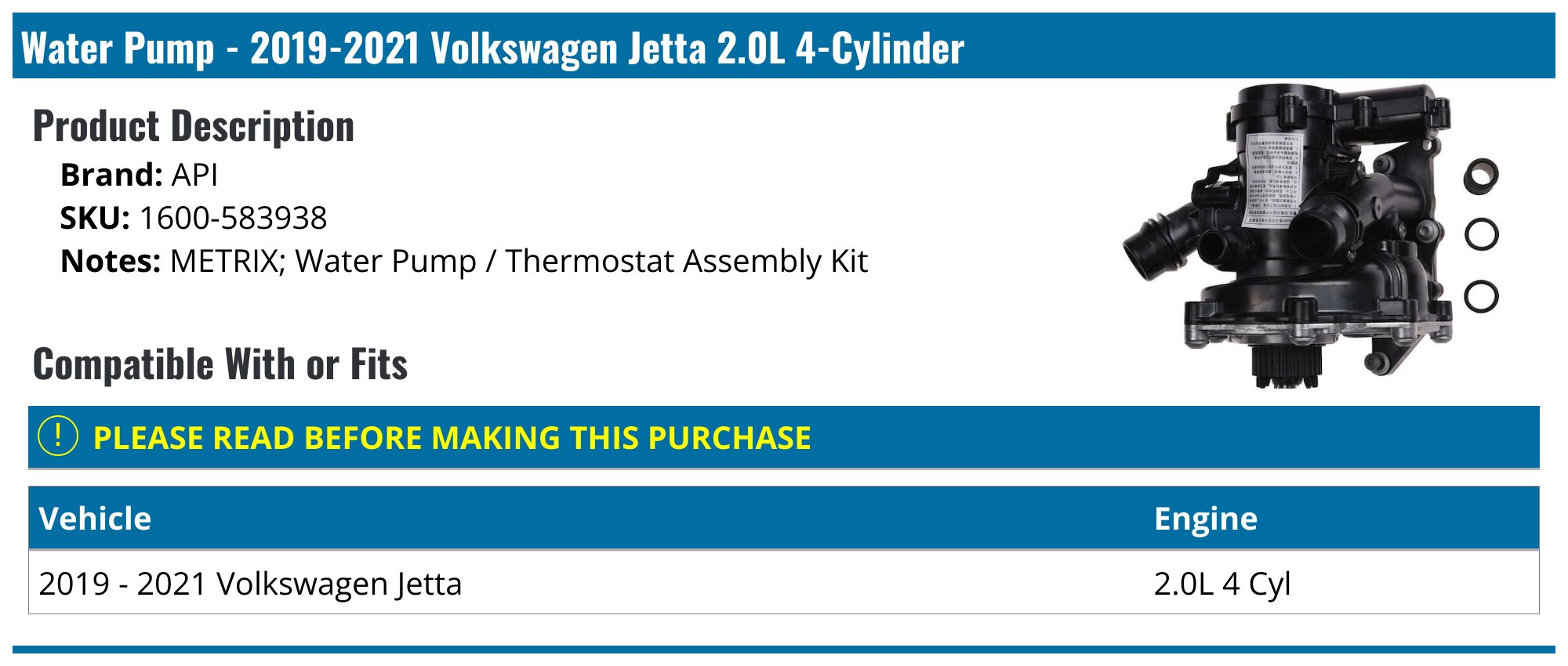 2019-2022 Volkswagen Jetta Water Pump - API 146557-02033388 - PartsGeek.com