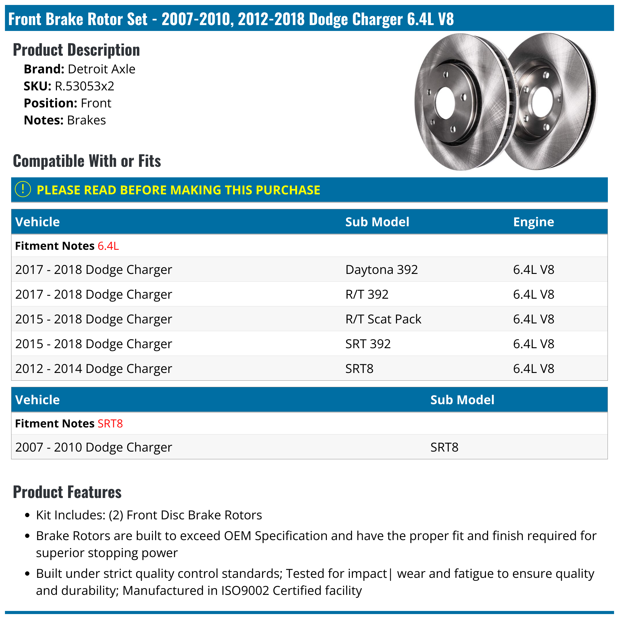 2006-2010, 2012-2023 Dodge Charger Brake Rotor - Detroit Axle R.53053x2 ...