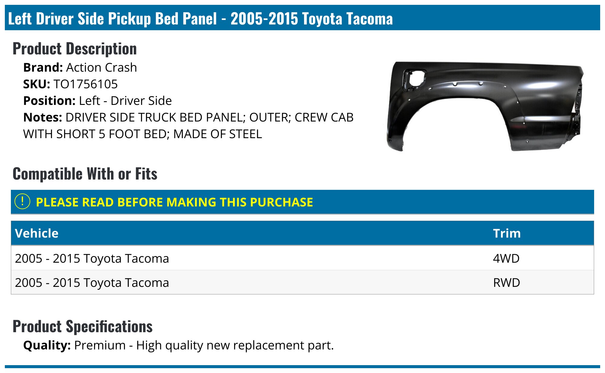 2005-2015 Toyota Tacoma Pickup Bed Panel - Action Crash TO1756105 ...