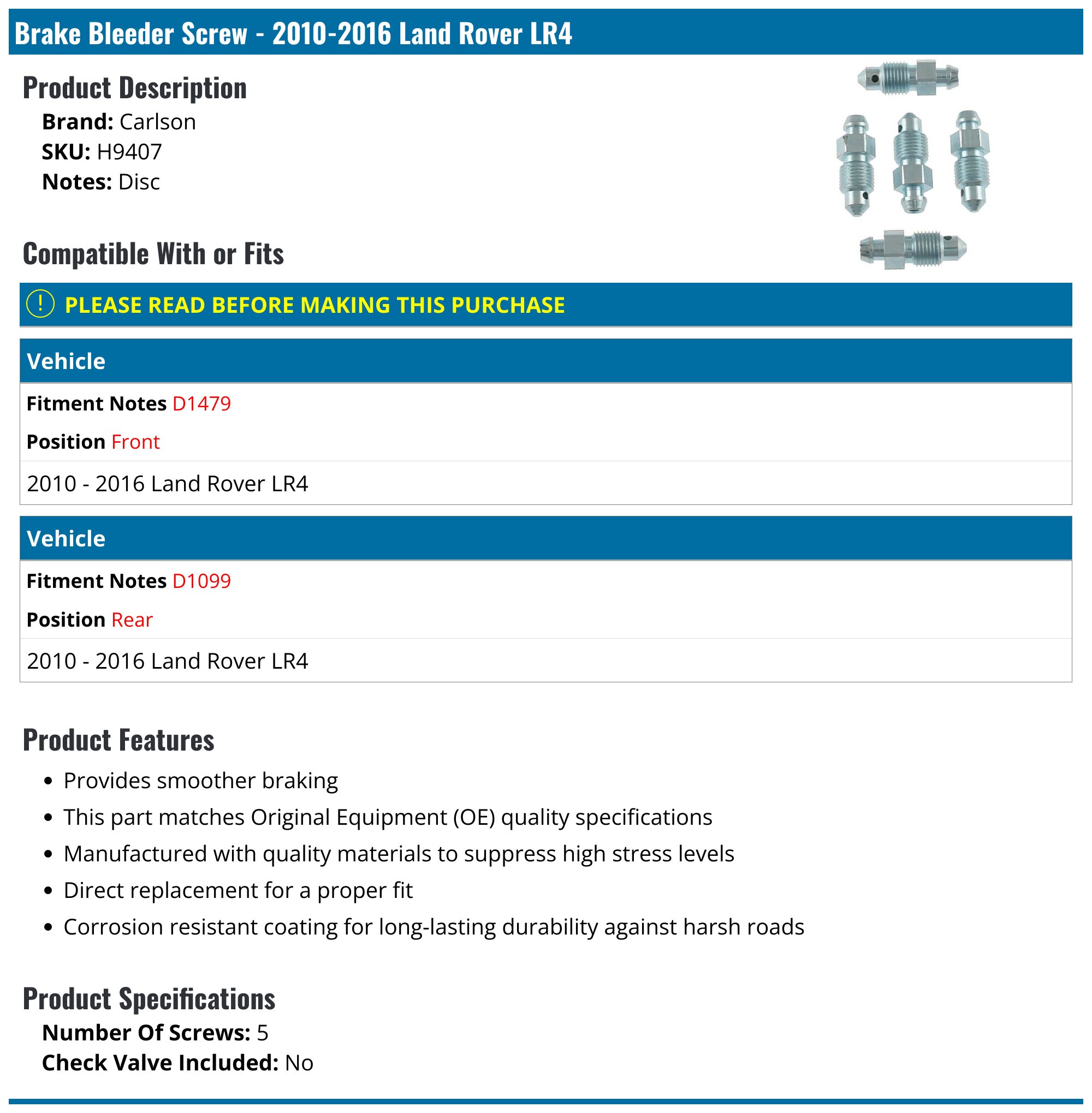 2010-2016 Land Rover LR4 Brake Bleeder Screw - Carlson H9407 - Rear ...