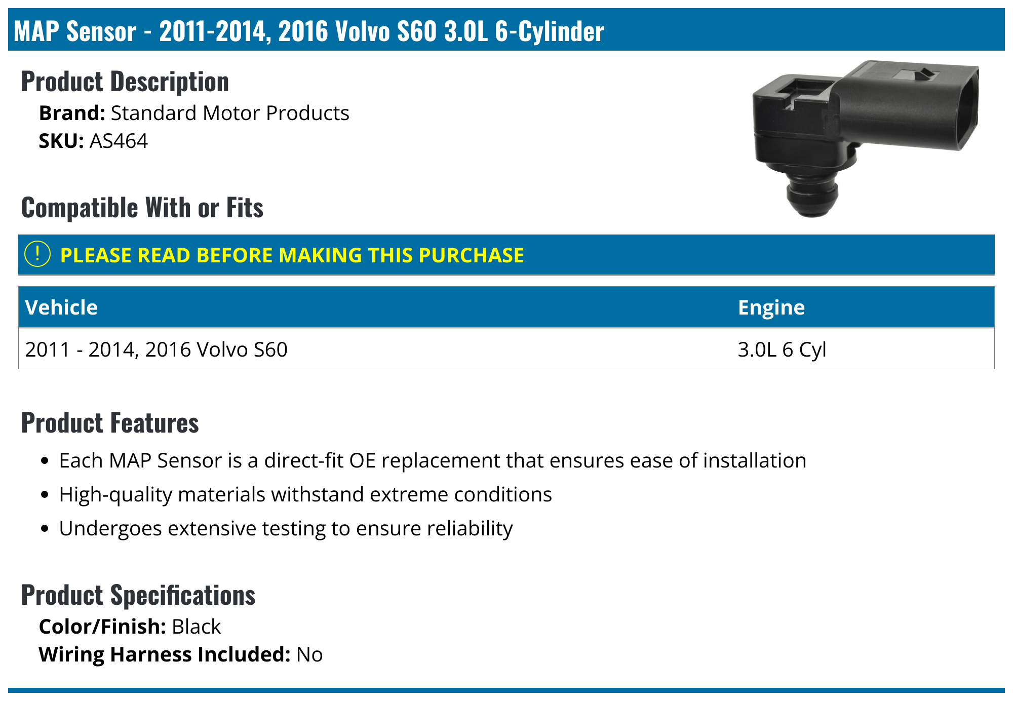 2011-2014, 2016 Volvo S60 MAP Sensor - Standard Motor Products AS464 ...