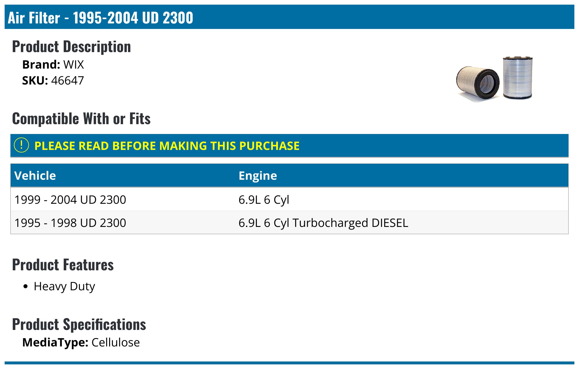 1995-2004 UD 2300 Air Filter - WIX 46647 - PartsGeek.com