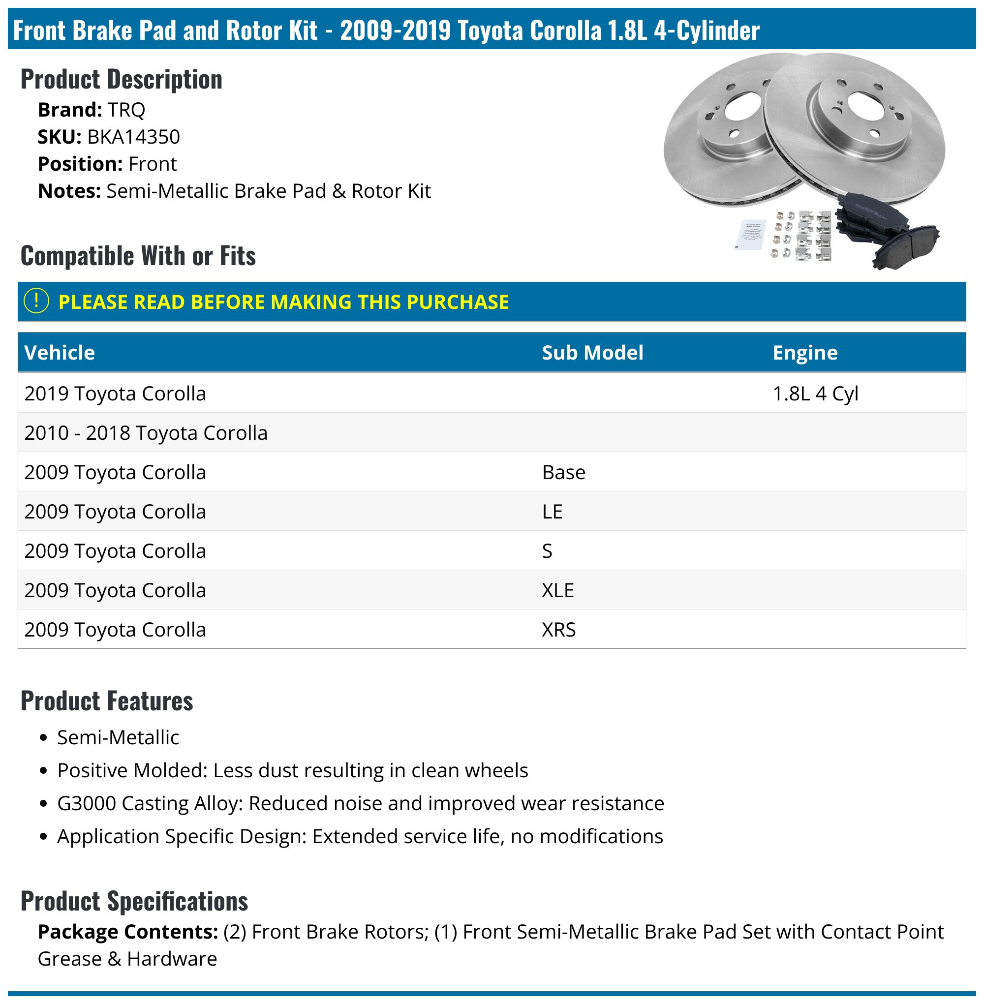 2009-2019 Toyota Corolla Brake Rotor - TRQ BKA14350 - Front - PartsGeek.com