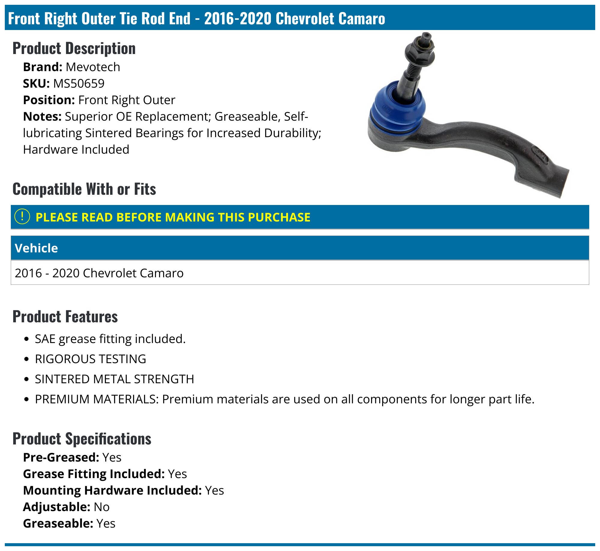 2016-2020 Chevrolet Camaro Tie Rod End - Mevotech MS50659 - Front Right ...
