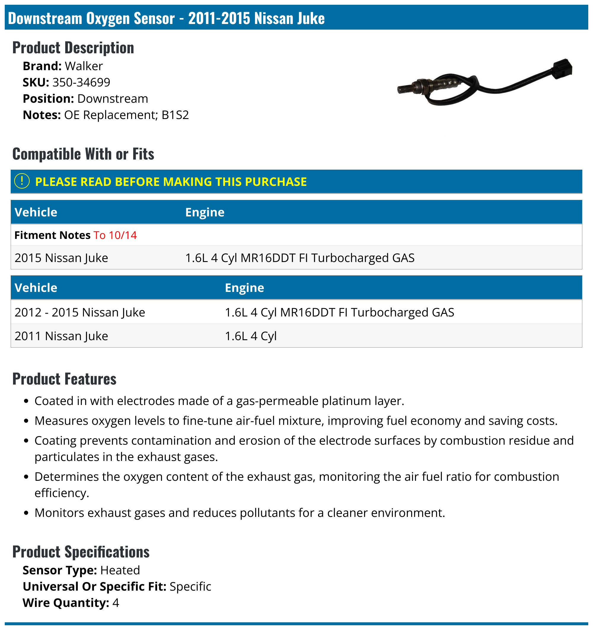2011-2015, 2017 Nissan Juke Oxygen Sensor - Walker 350-34699 ...