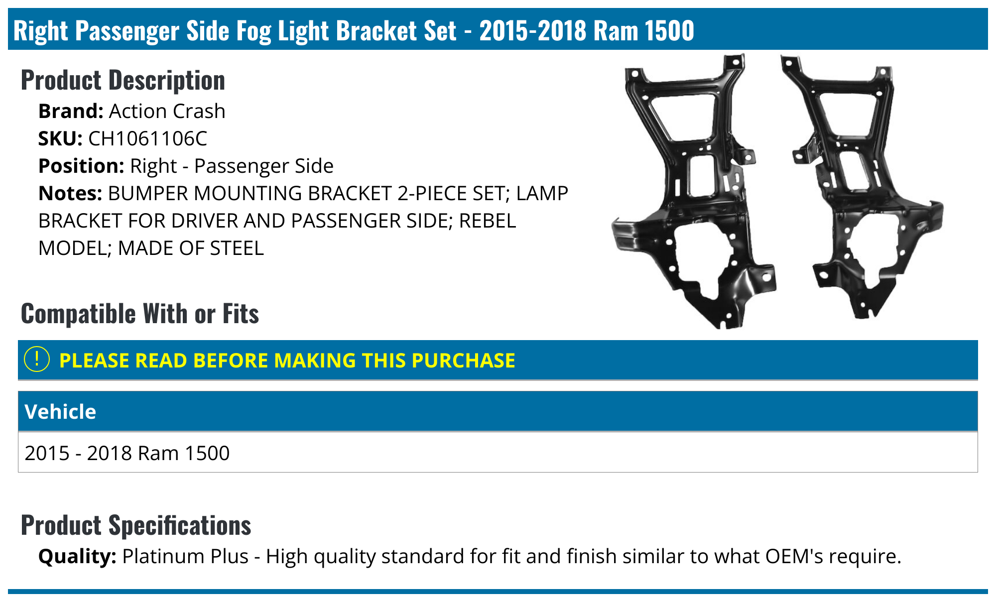 2015-2018 Ram 1500 Fog Light Bracket - Action Crash CH1061106C - Right ...