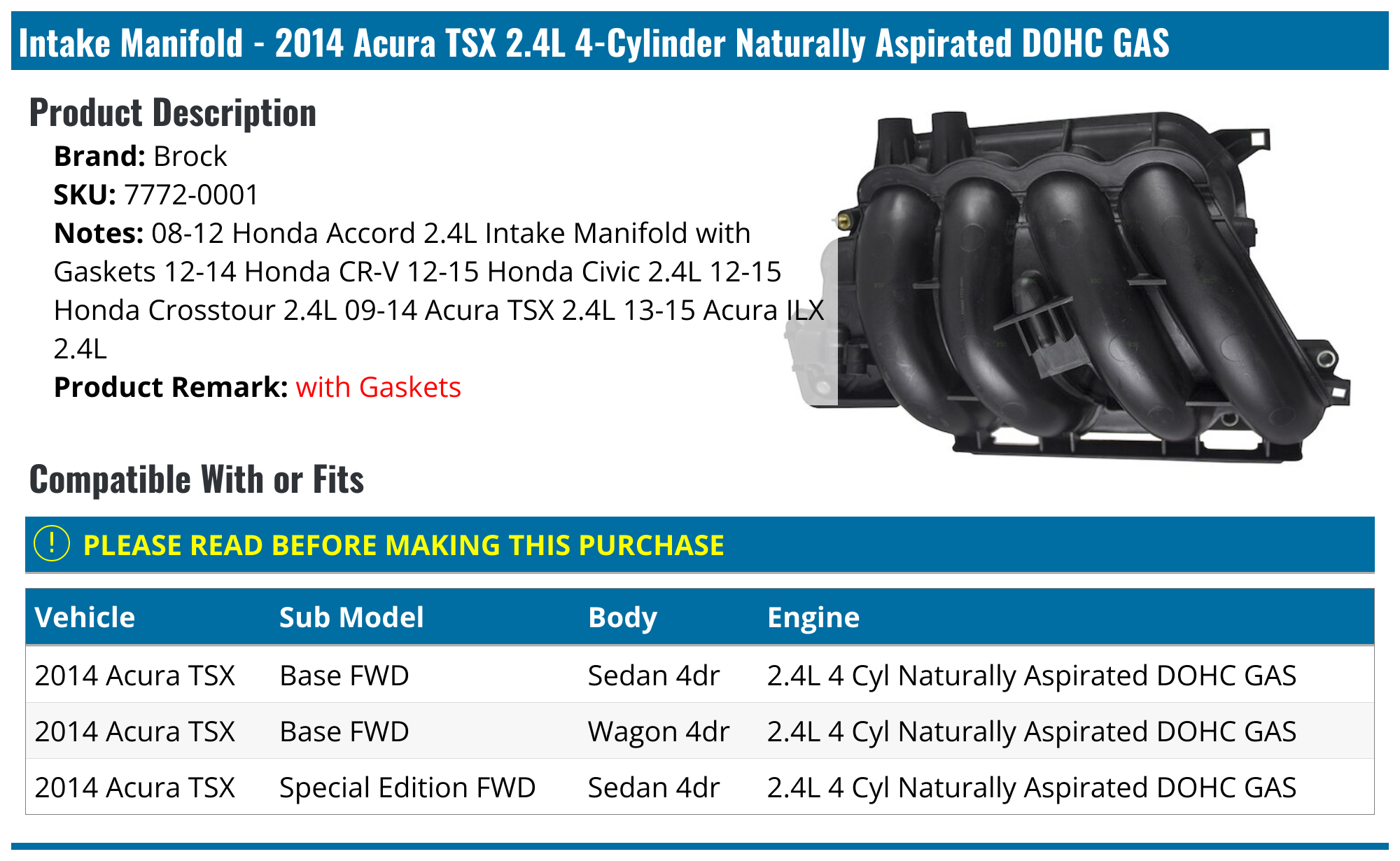 2014 Acura TSX Intake Manifold - Brock 7772-0001 - PartsGeek.com