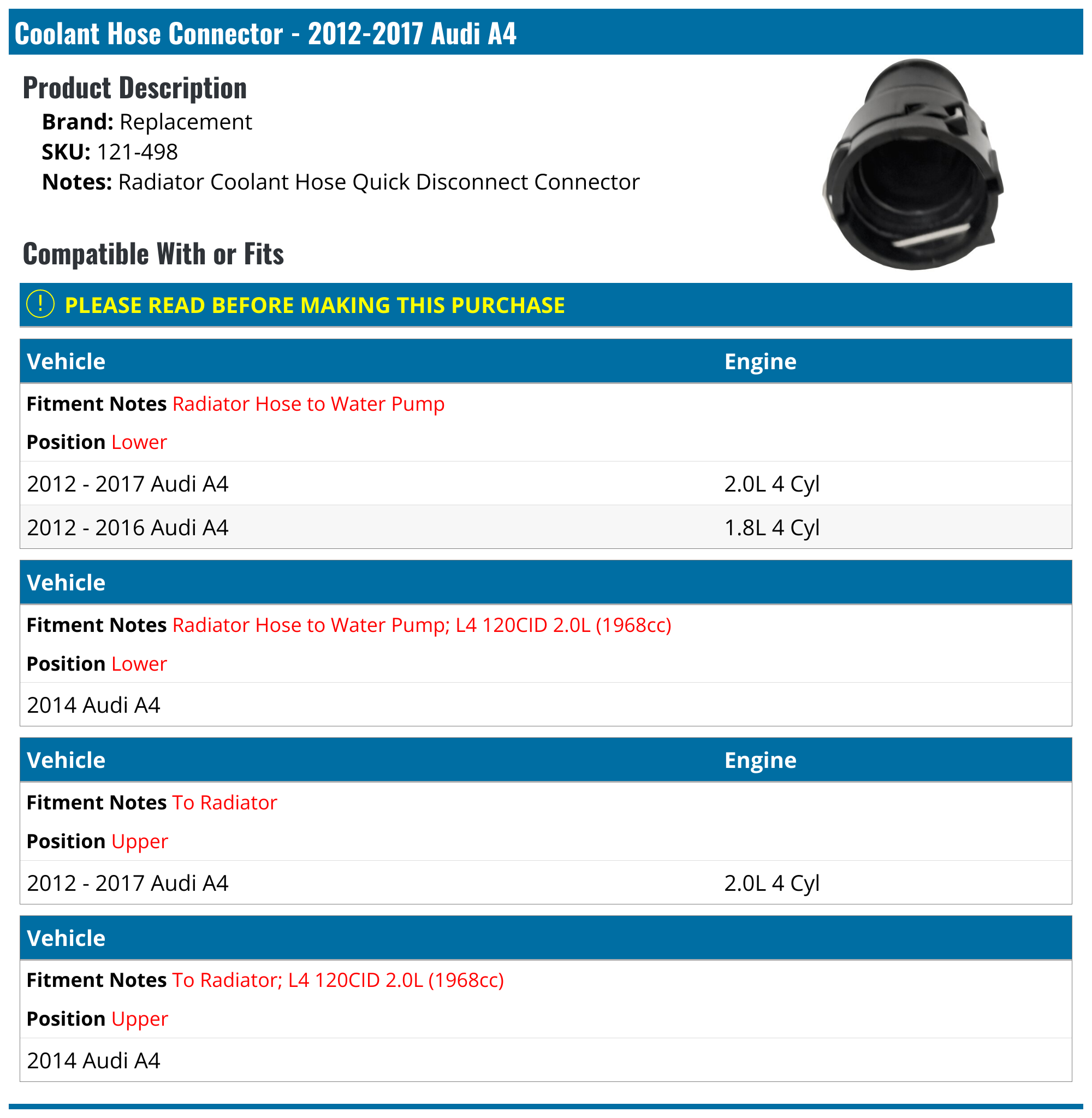 2012-2017 Audi A4 Coolant Hose Connector - Replacement 121-498 ...