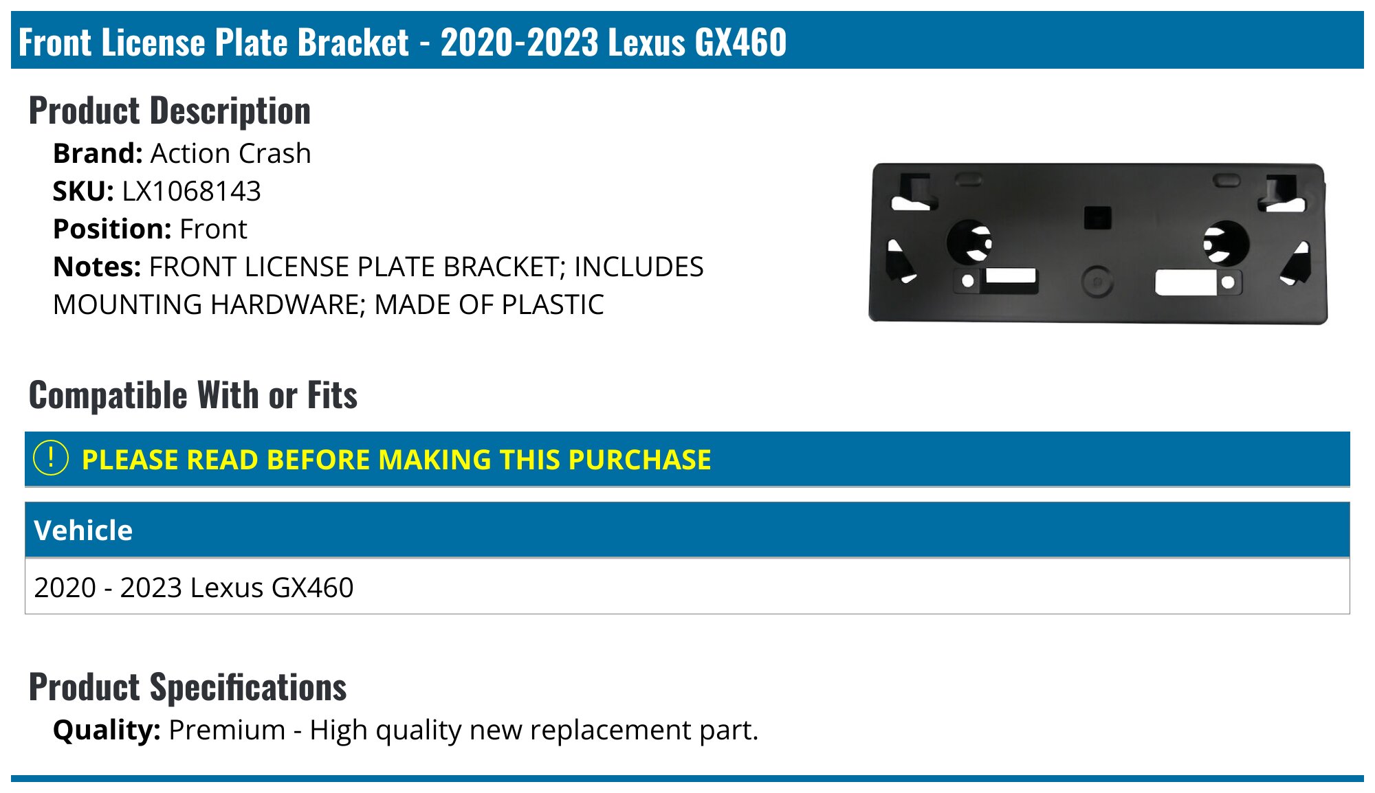 2020-2023 Lexus GX460 License Plate Bracket - Action Crash LX1068143 ...
