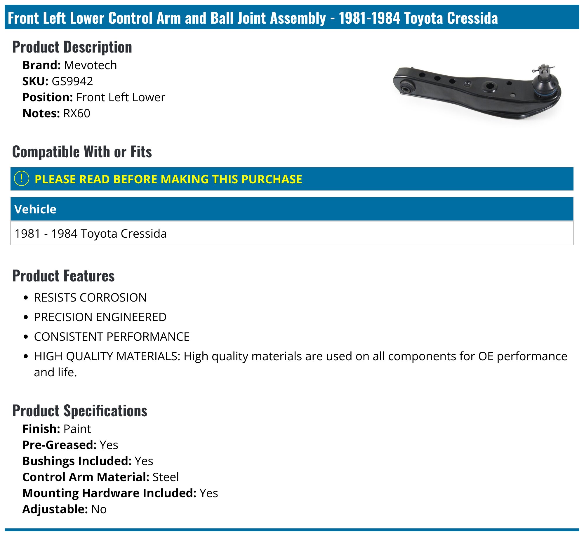 1981-1984 Toyota Cressida Control Arm - Mevotech GS9942 - Front Left ...