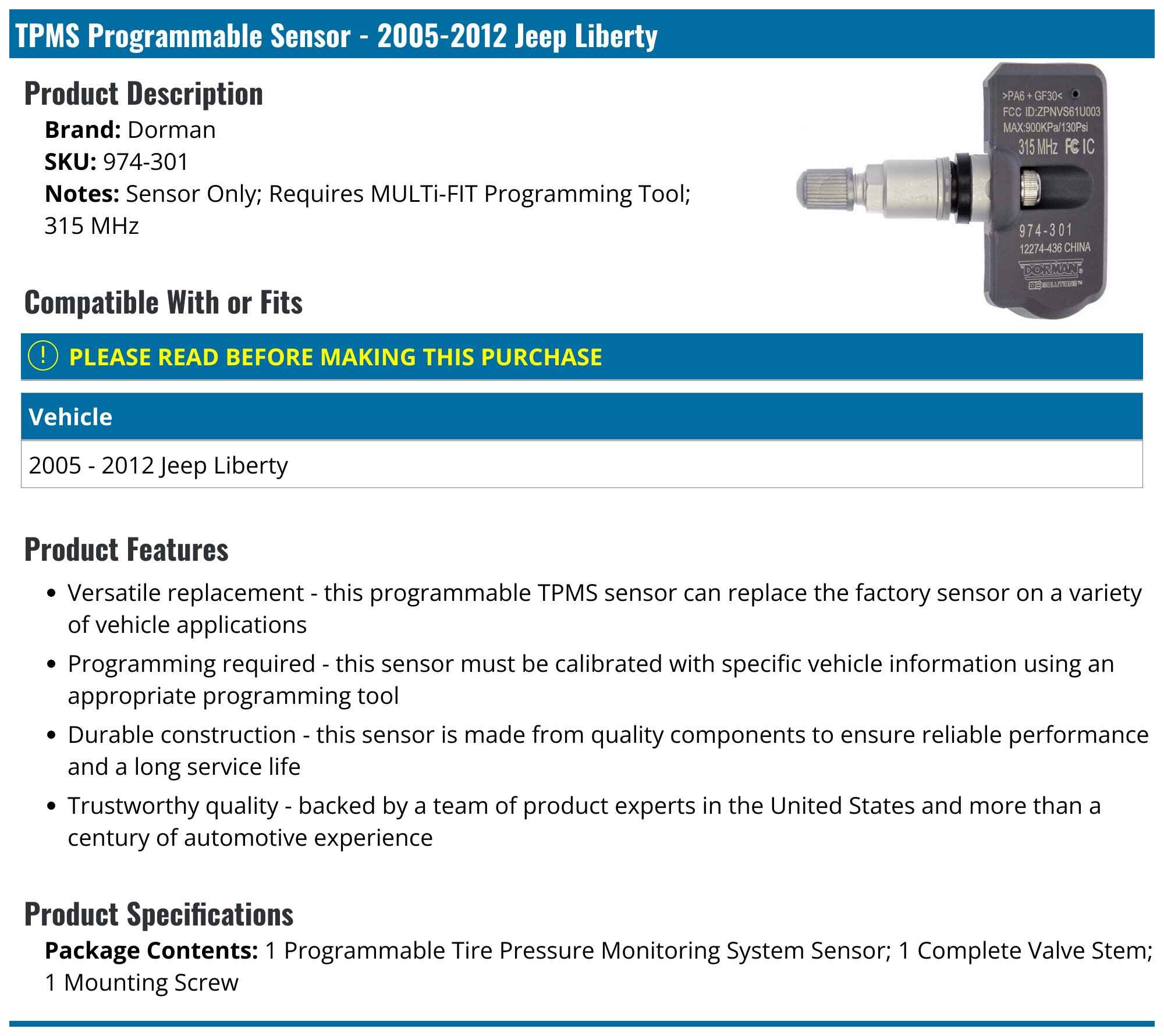 2005-2012 Jeep Liberty Tire Pressure Monitoring Sensor - Dorman 974-301 ...