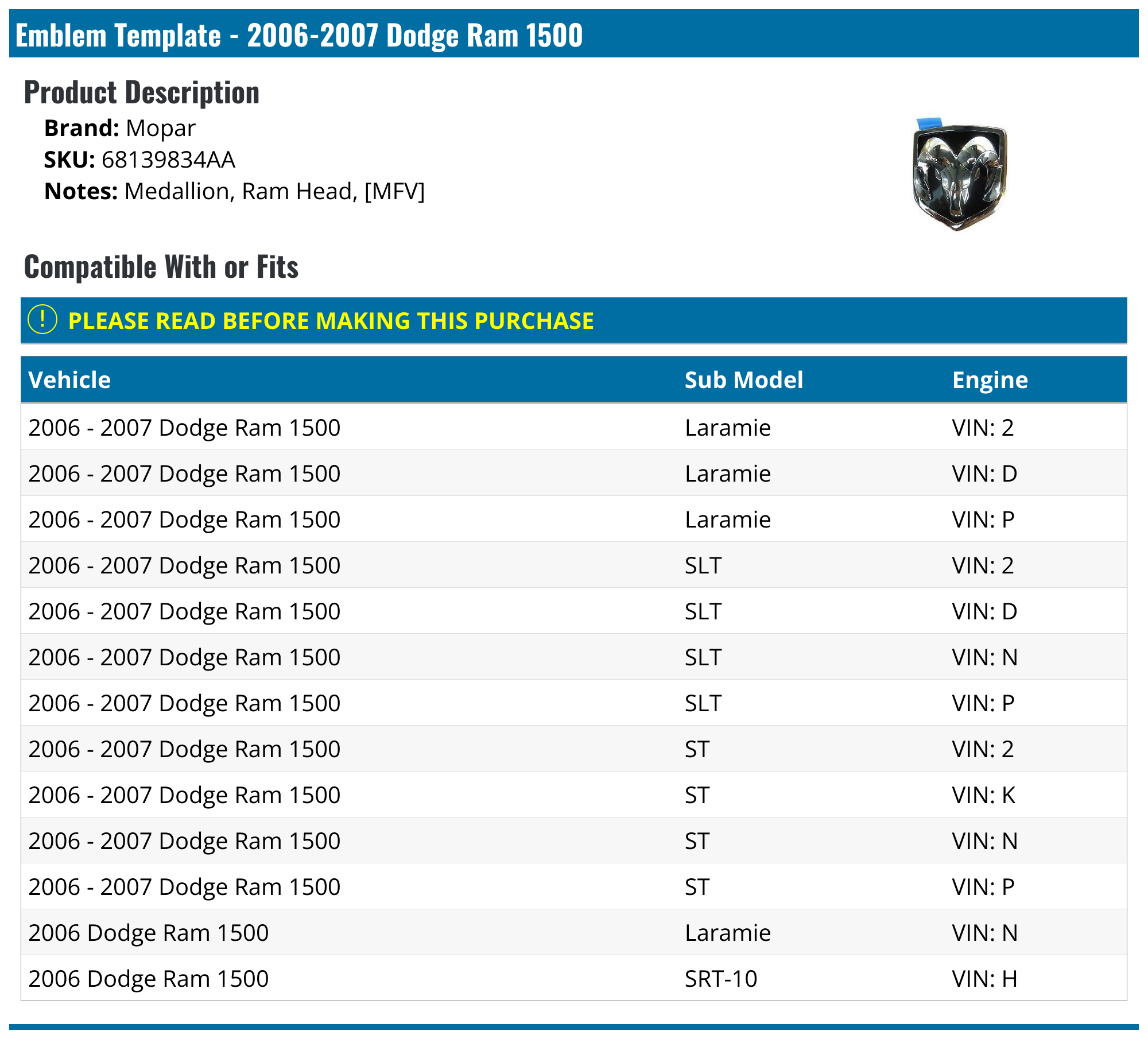 2006-2007 Dodge Ram 1500 Emblem Template - Mopar 68139834AA - PartsGeek.com