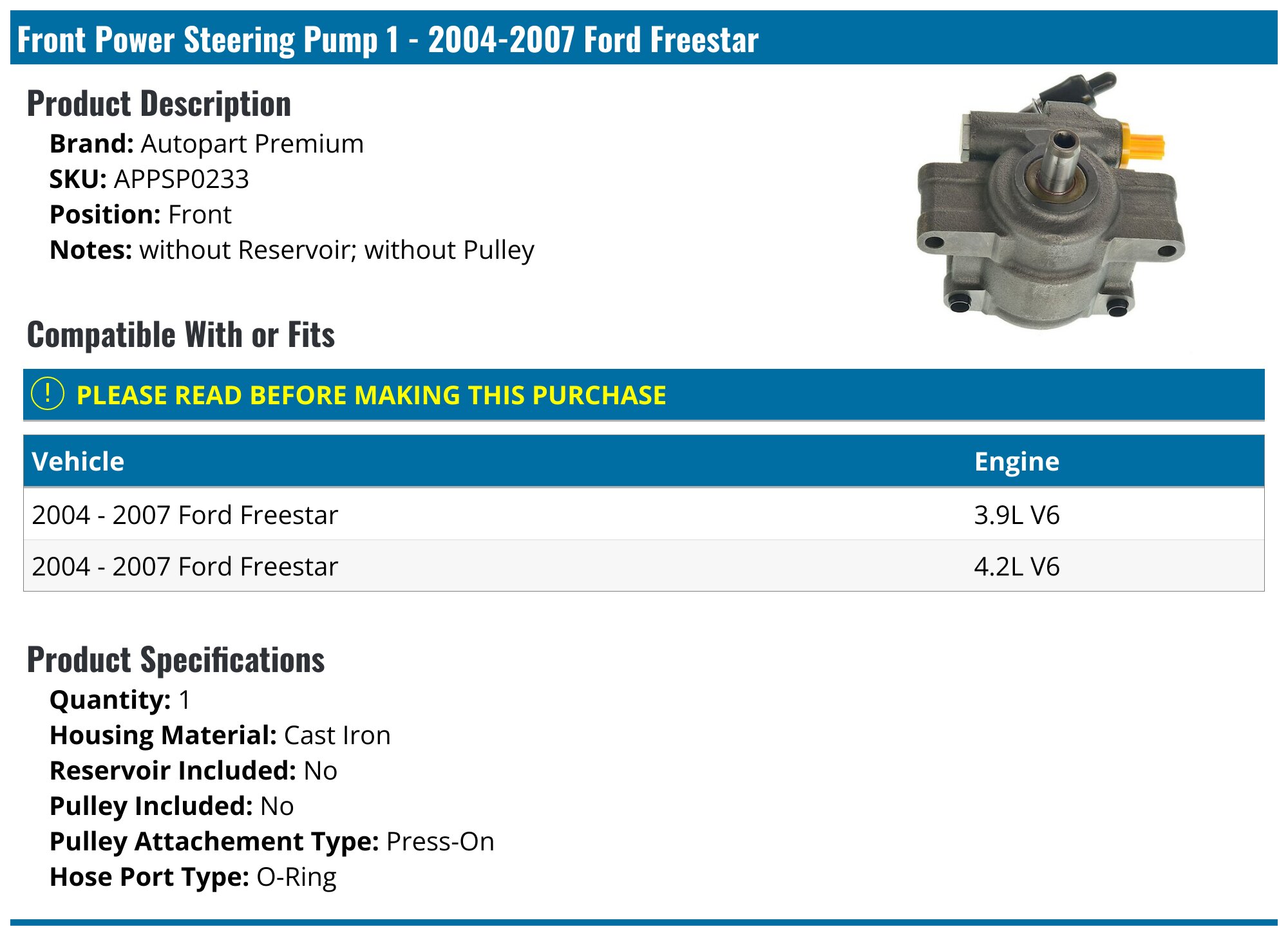 2004-2007 Ford Freestar Power Steering Pump - Autopart Premium ...