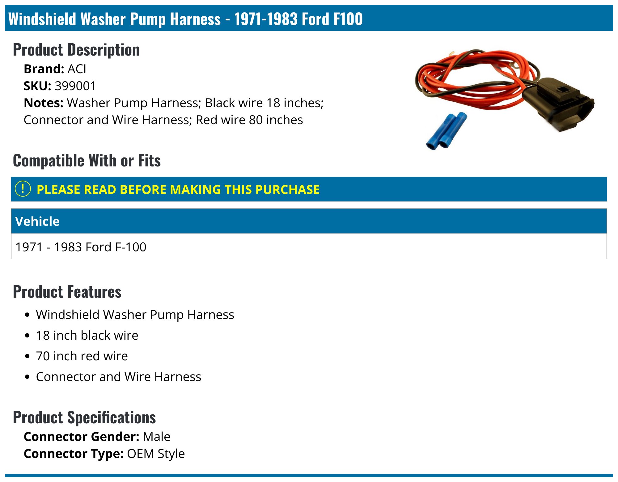1971-1983 Ford F100 Windshield Washer Pump Harness - ACI 399001 ...