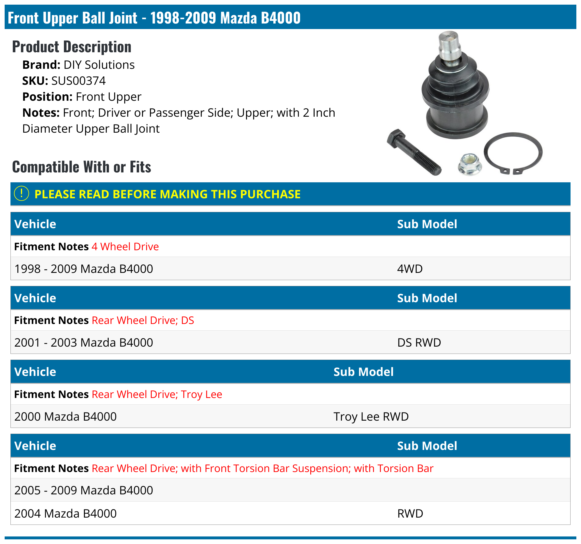 1998-2009 Mazda B4000 Ball Joint - DIY Solutions SUS00374 - Front Upper ...