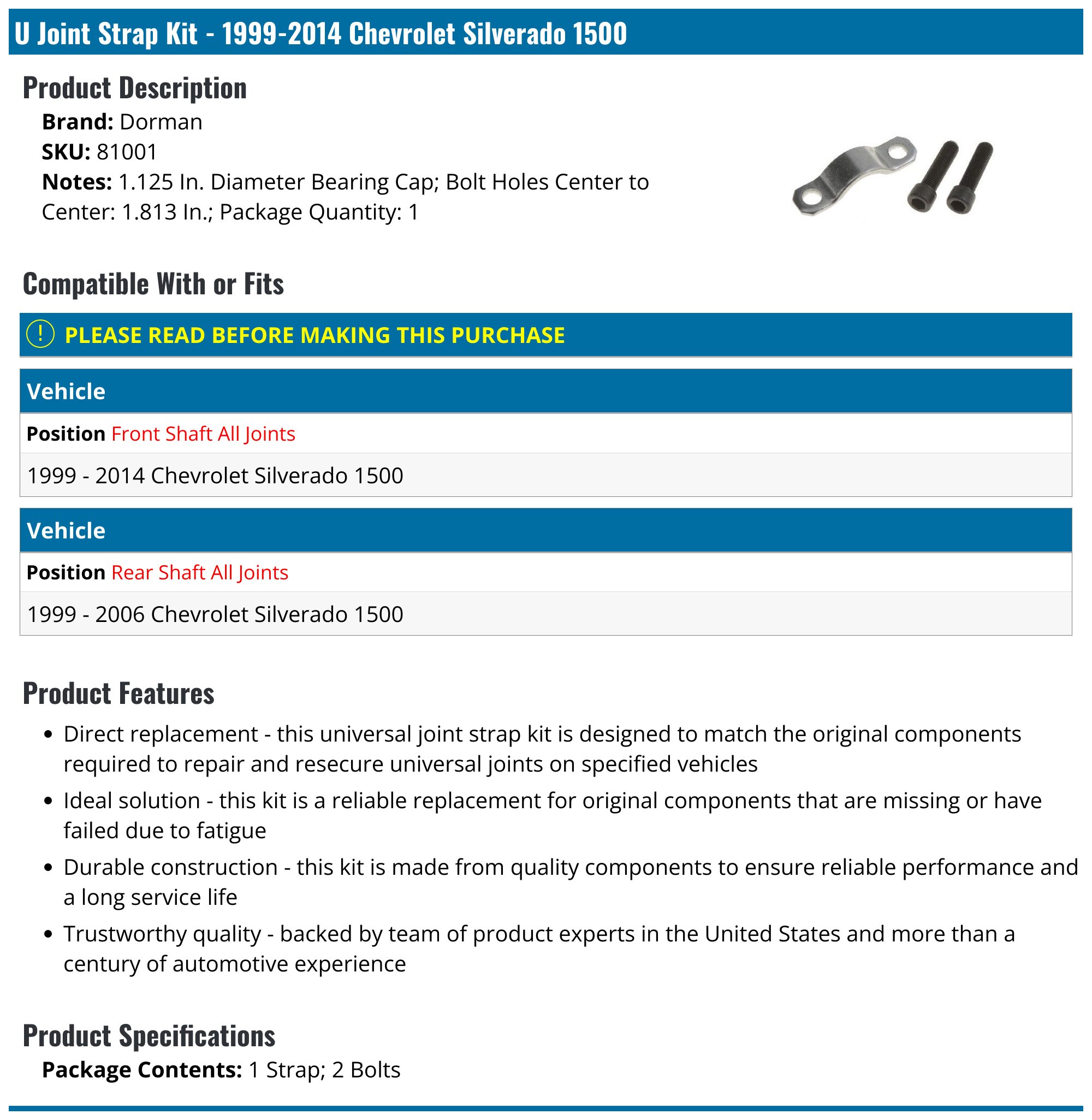 1999-2020 Chevrolet Silverado 1500 U Joint Strap Kit - Dorman 81001 ...