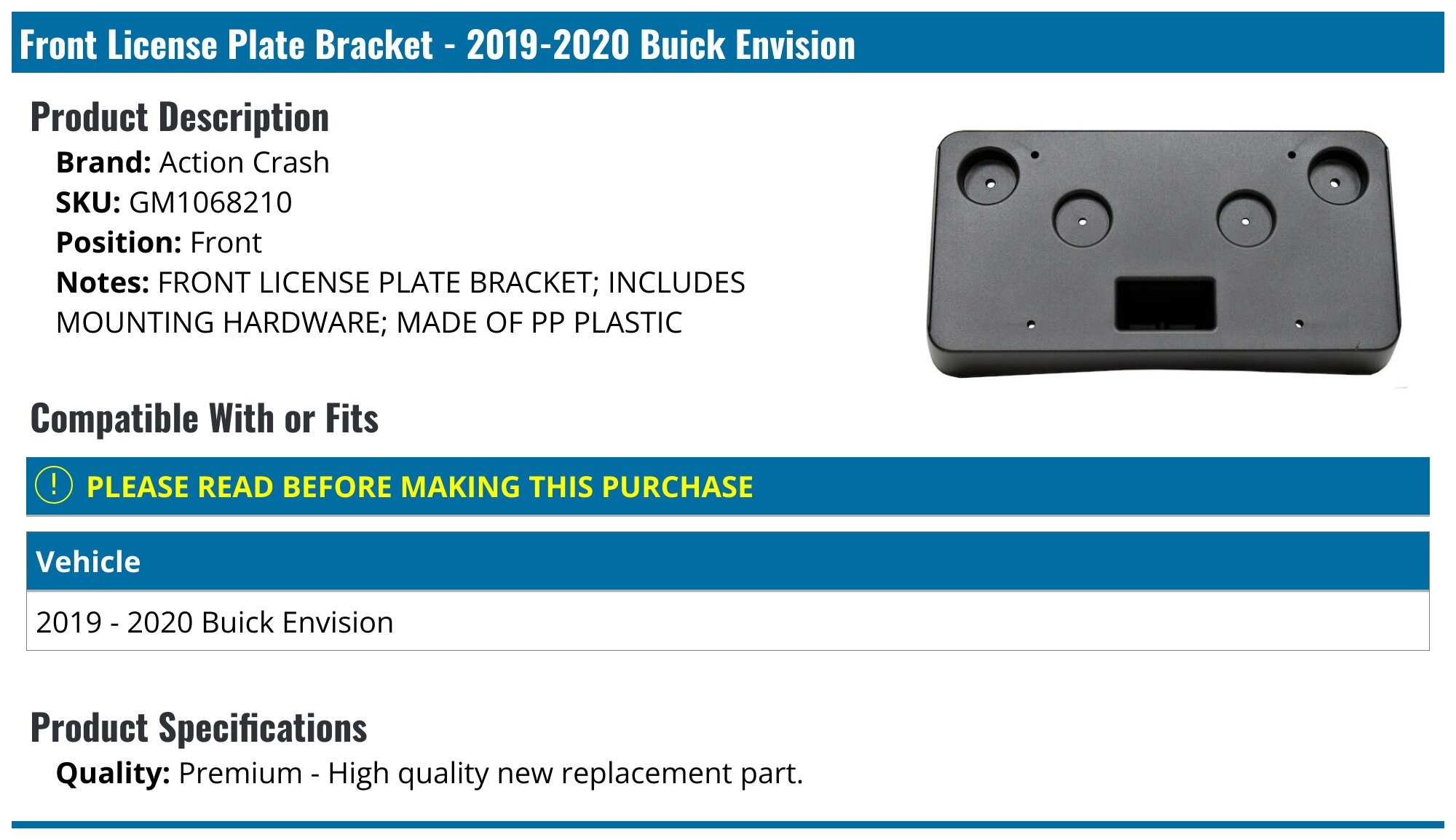 2019-2020 Buick Envision License Plate Bracket - Action Crash GM1068210 ...