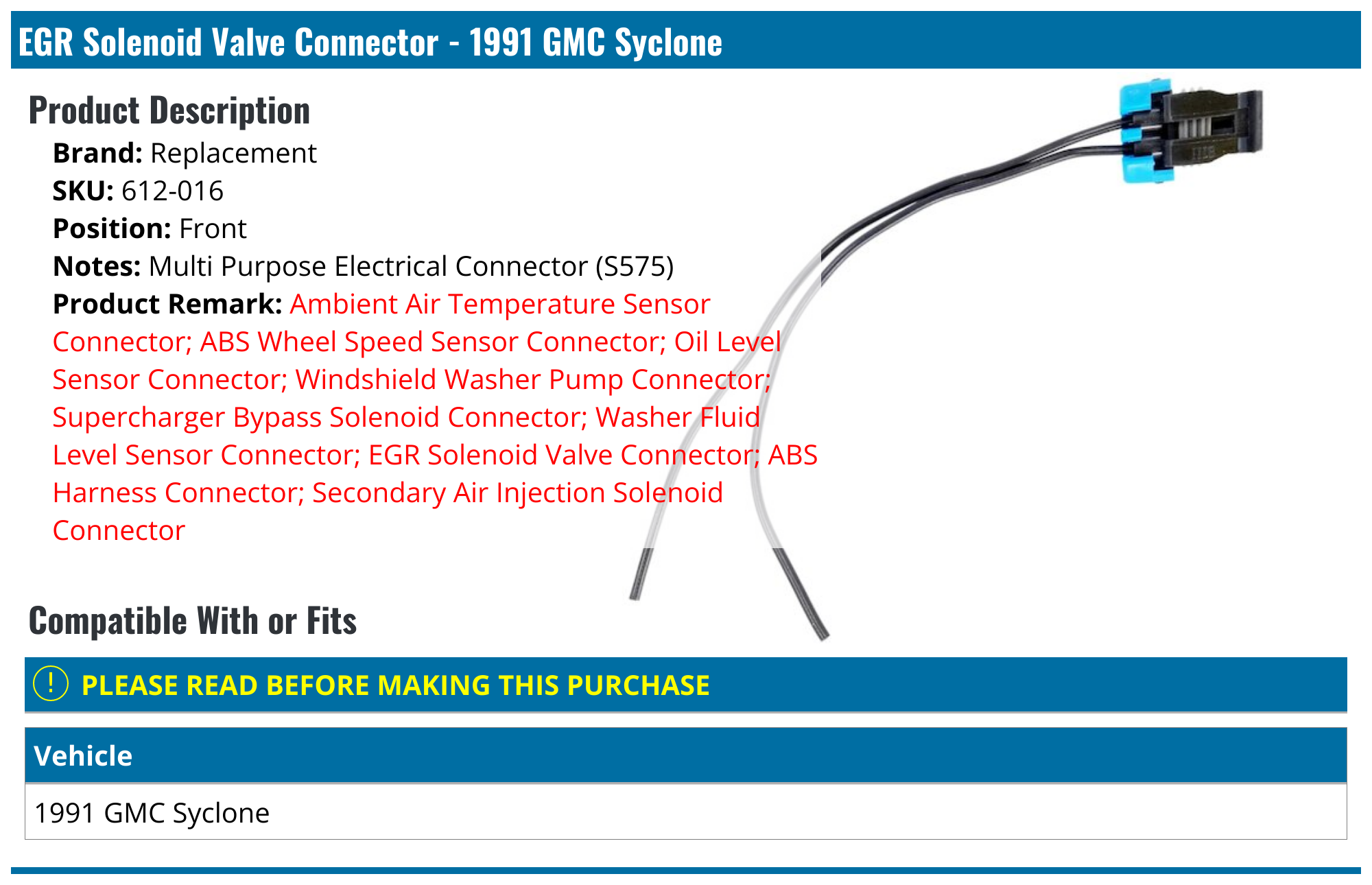 1991 GMC Syclone EGR Solenoid Valve Connector - Replacement 612-016 ...