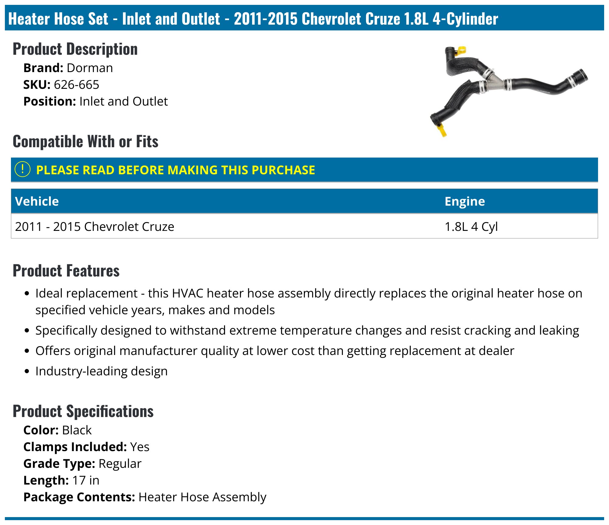 2011-2015 Chevrolet Cruze Heater Hose - Dorman 626-665 - Inlet and ...