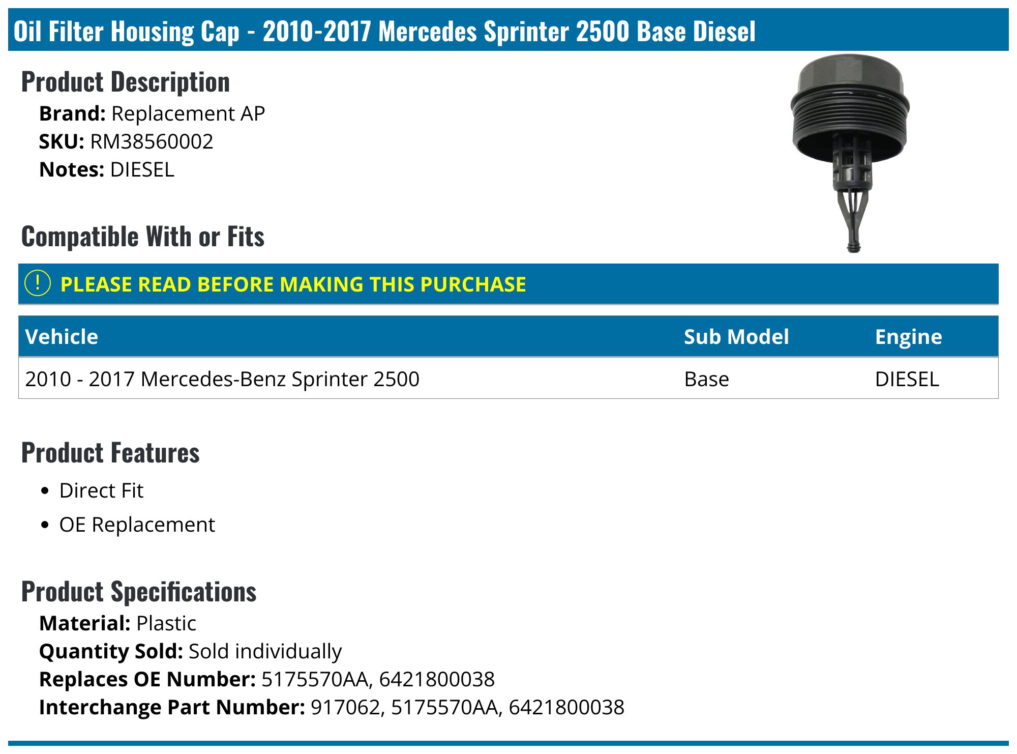 2010-2017 Mercedes Sprinter 2500 Oil Filter Housing Cap - Replacement ...