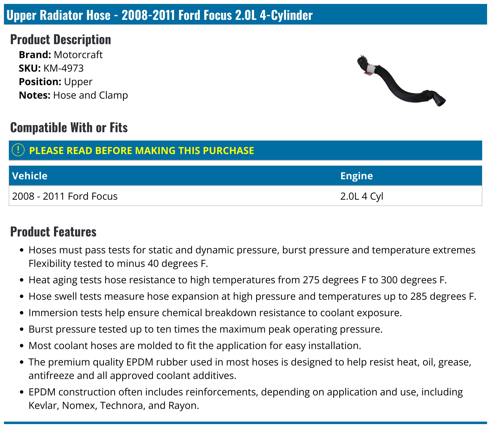 2008-2011 Ford Focus Radiator Hose - Motorcraft KM-4973 - Upper ...
