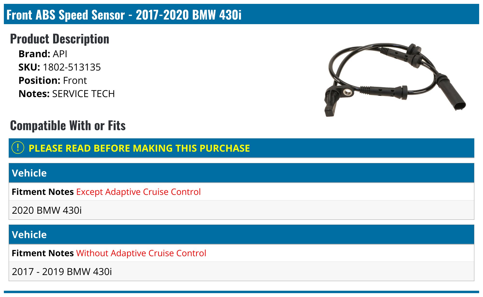 2017-2020 BMW 430i ABS Speed Sensor - API 140905-02062978 - Front ...