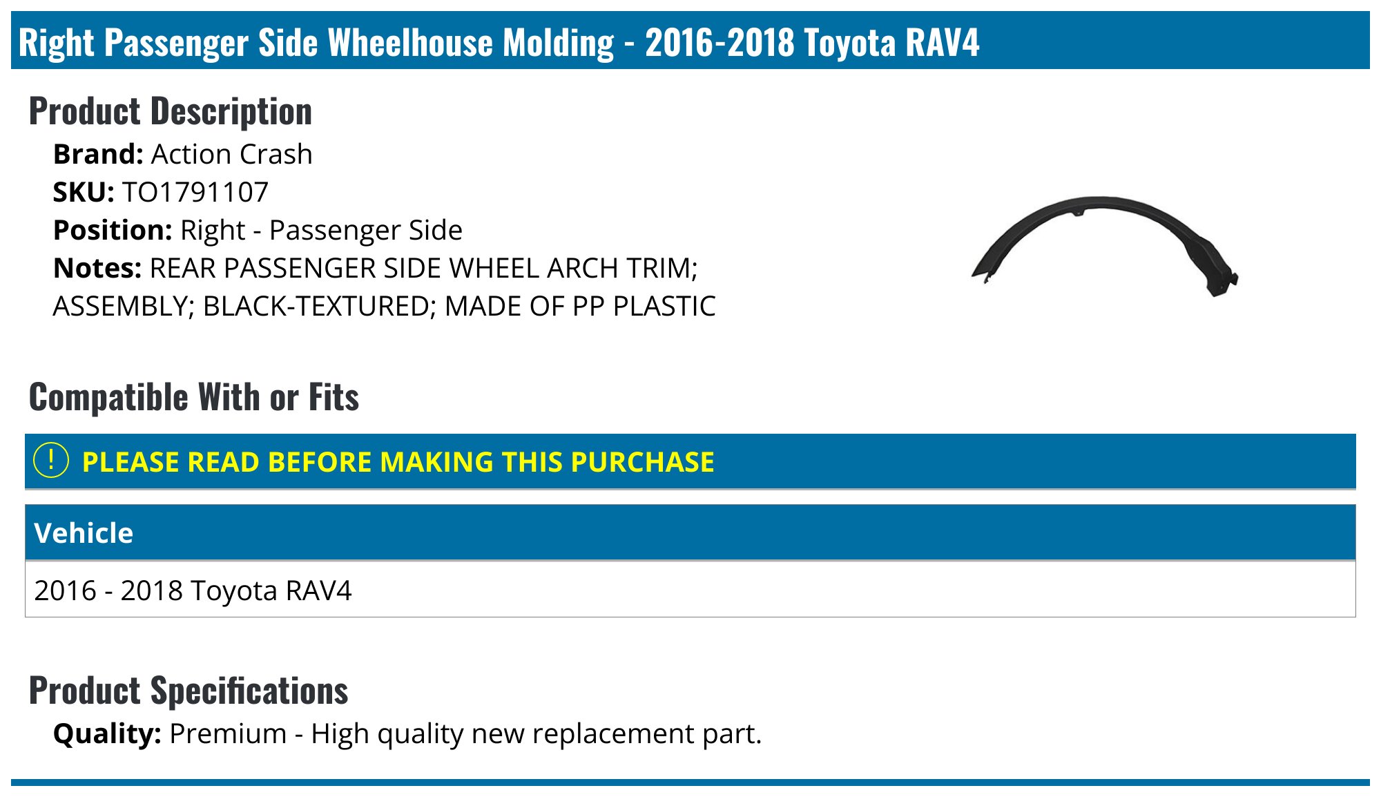2016-2018 Toyota RAV4 Wheelhouse Molding - Action Crash TO1791107 ...