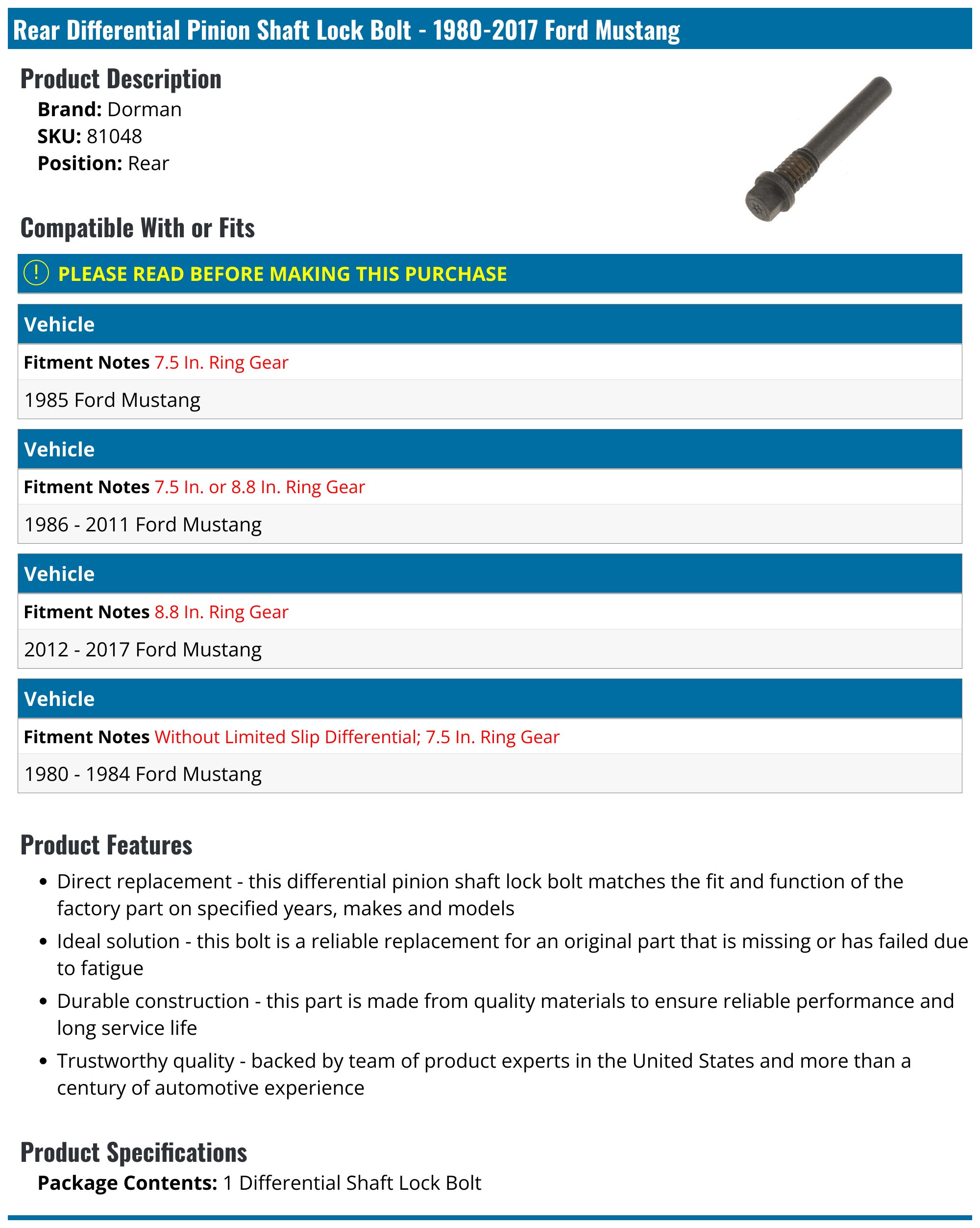 1980-2017 Ford Mustang Differential Pinion Shaft Lock Bolt - Dorman ...