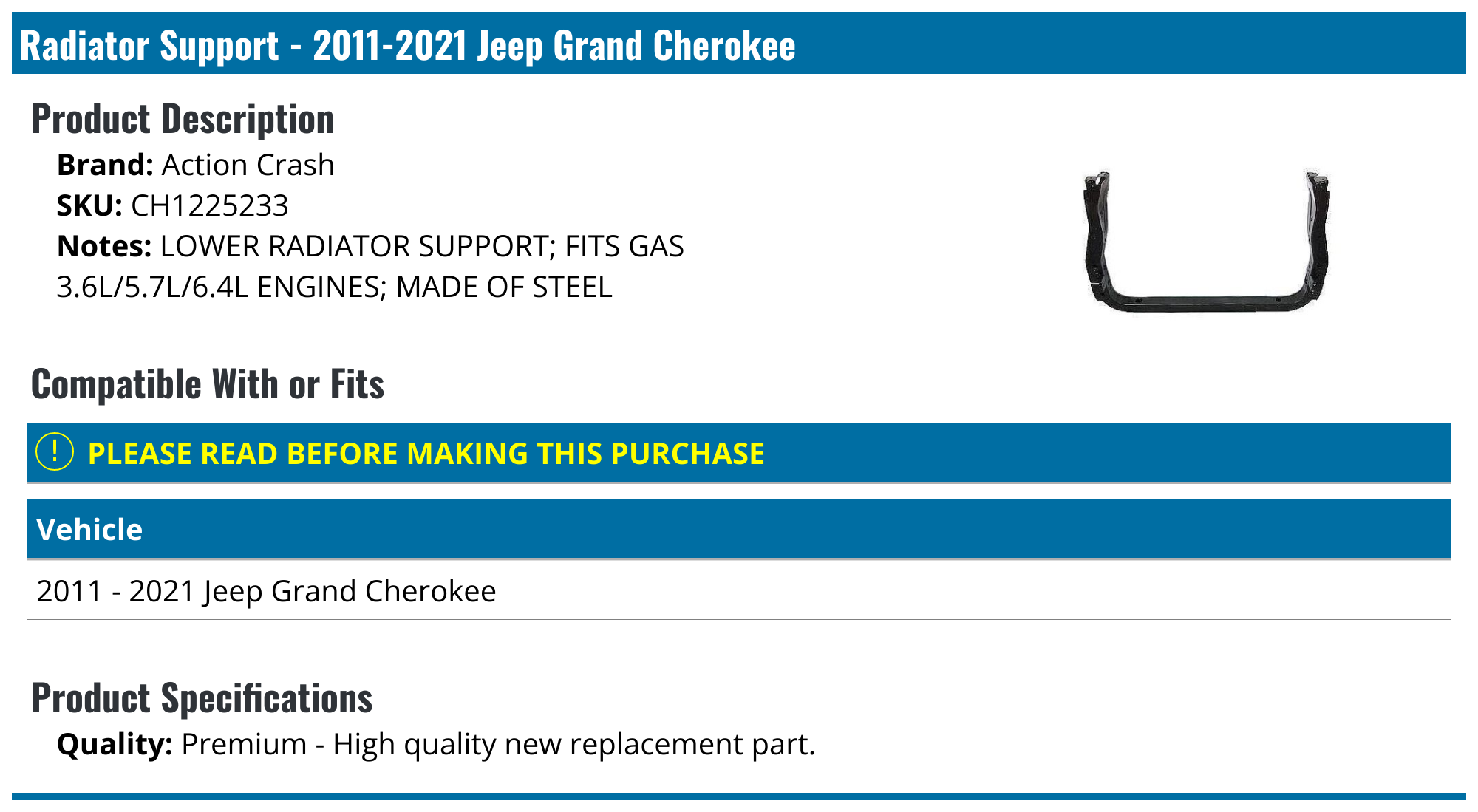 2011-2021 Jeep Grand Cherokee Radiator Support - Action Crash CH1225233 ...