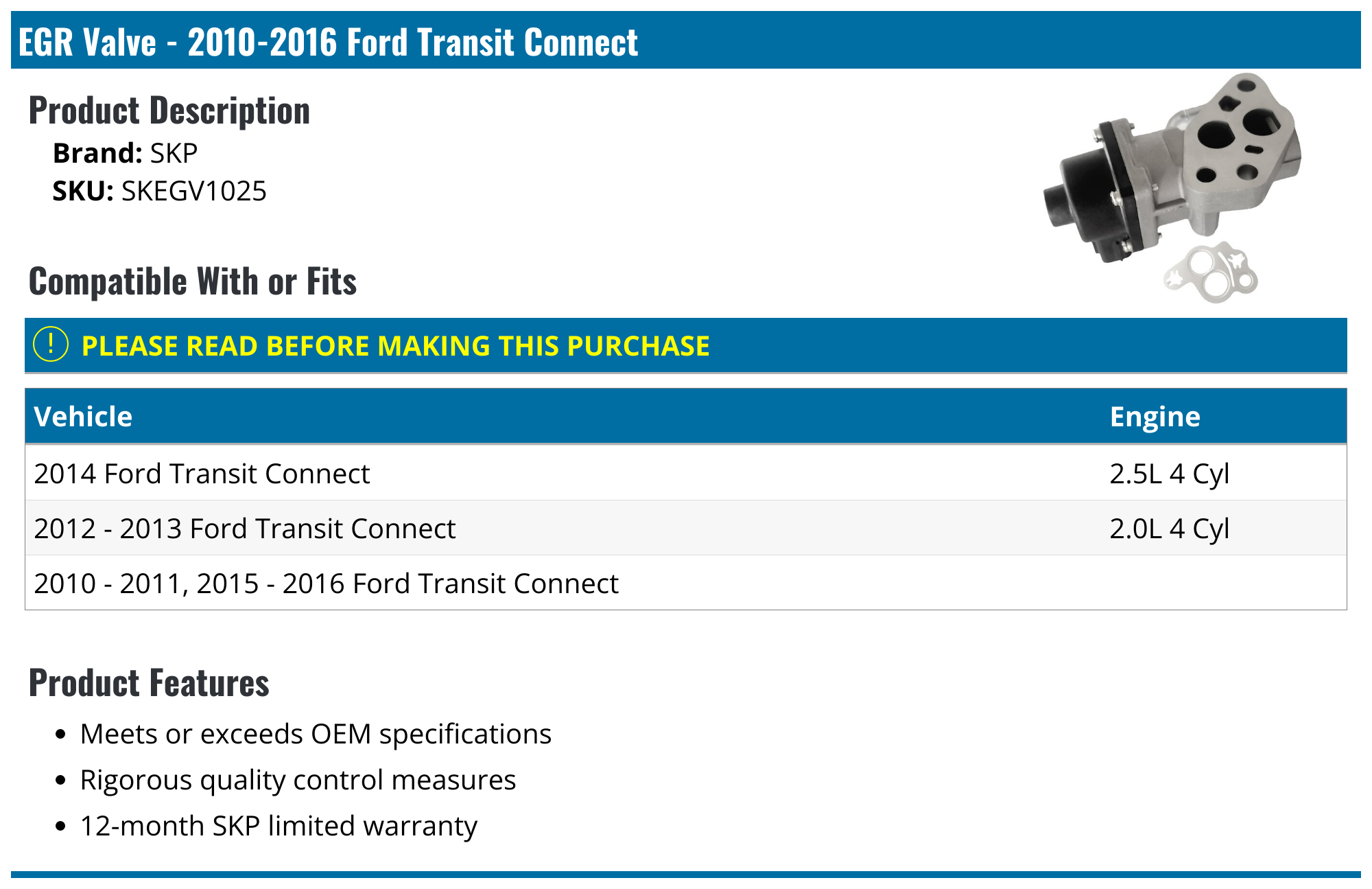 2010-2016 Ford Transit Connect EGR Valve - SKP SKEGV1025 - PartsGeek.com