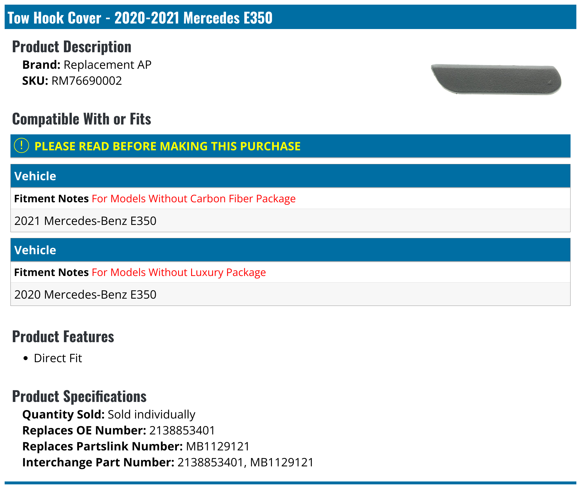 2020-2023 Mercedes E350 Tow Hook Cover - Replacement AP RM76690002 ...